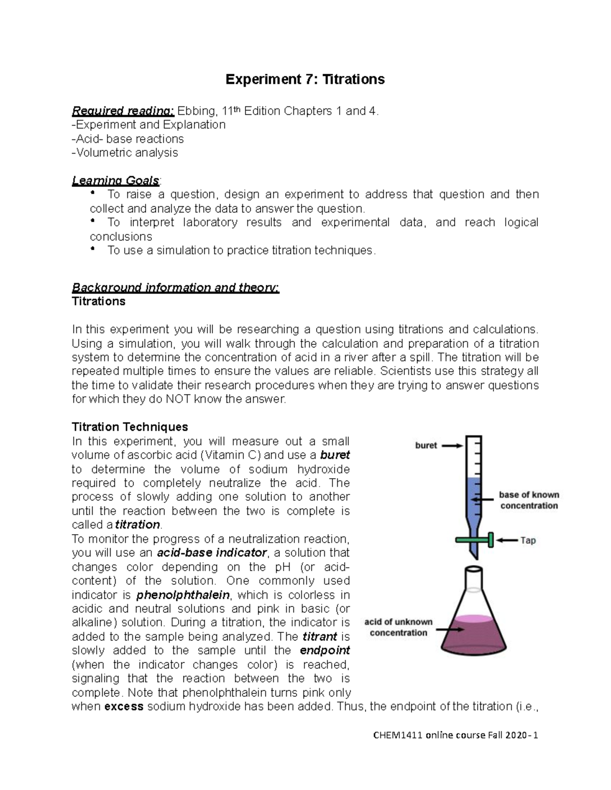 Lab 7 - yes it is - Experiment 7: Titrations Required reading: Ebbing, 11 th Edition Chapters 1 ...