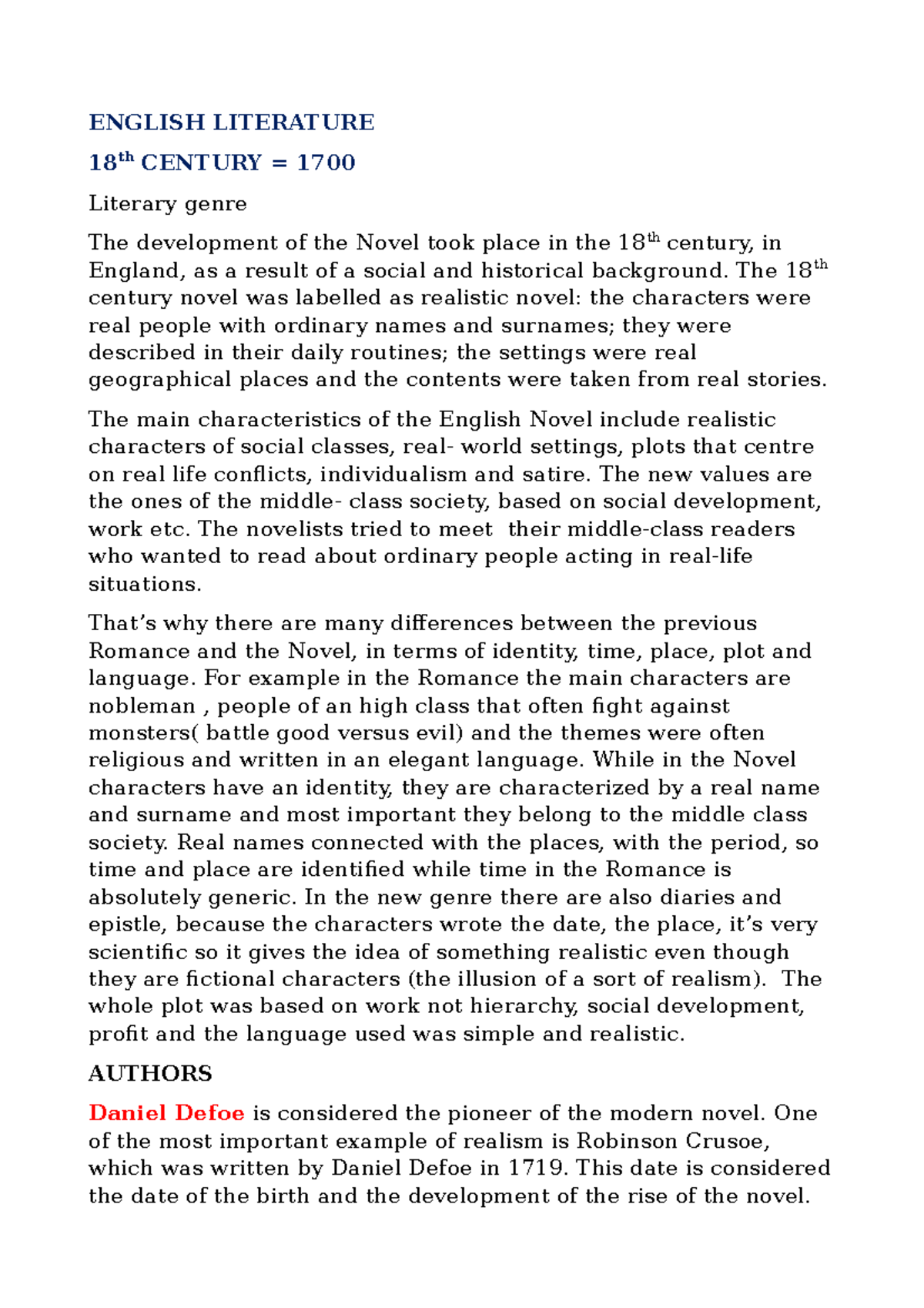 18th and 19th century - ENGLISH LITERATURE 18 th CENTURY = 1700 ...