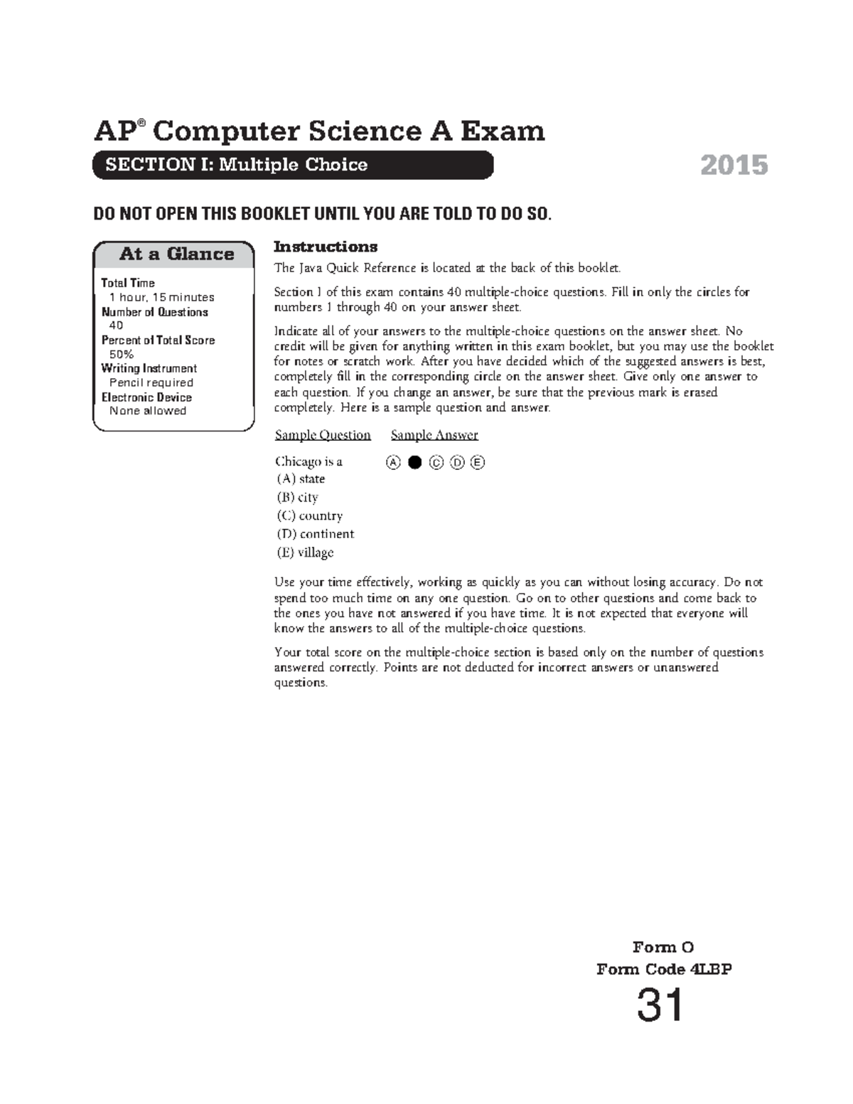 2015 Apcsa MCQ 39 Questions - AP ® Computer Science A Exam SECTION I ...