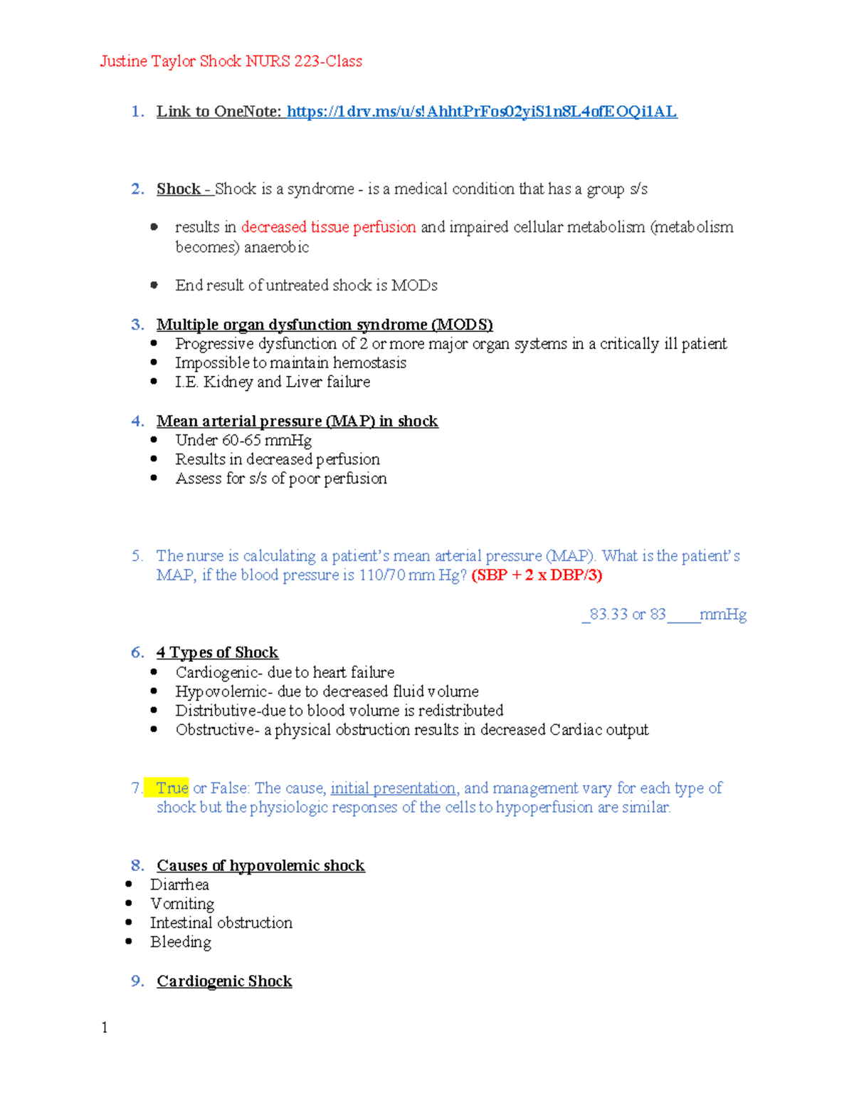 Shock worksheet - Link to OneNote: 1drv/u/s ...