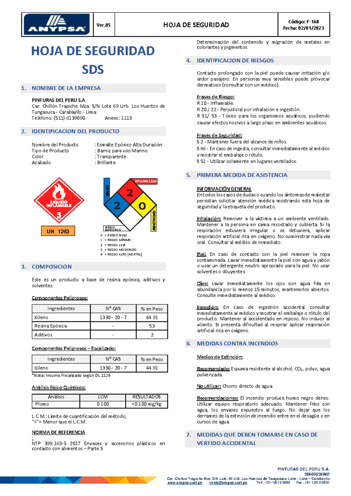 Esmalte Epoxico ALTA Duracion - Ver 5 HOJA DE SEGURIDAD Código: F- 168 ...