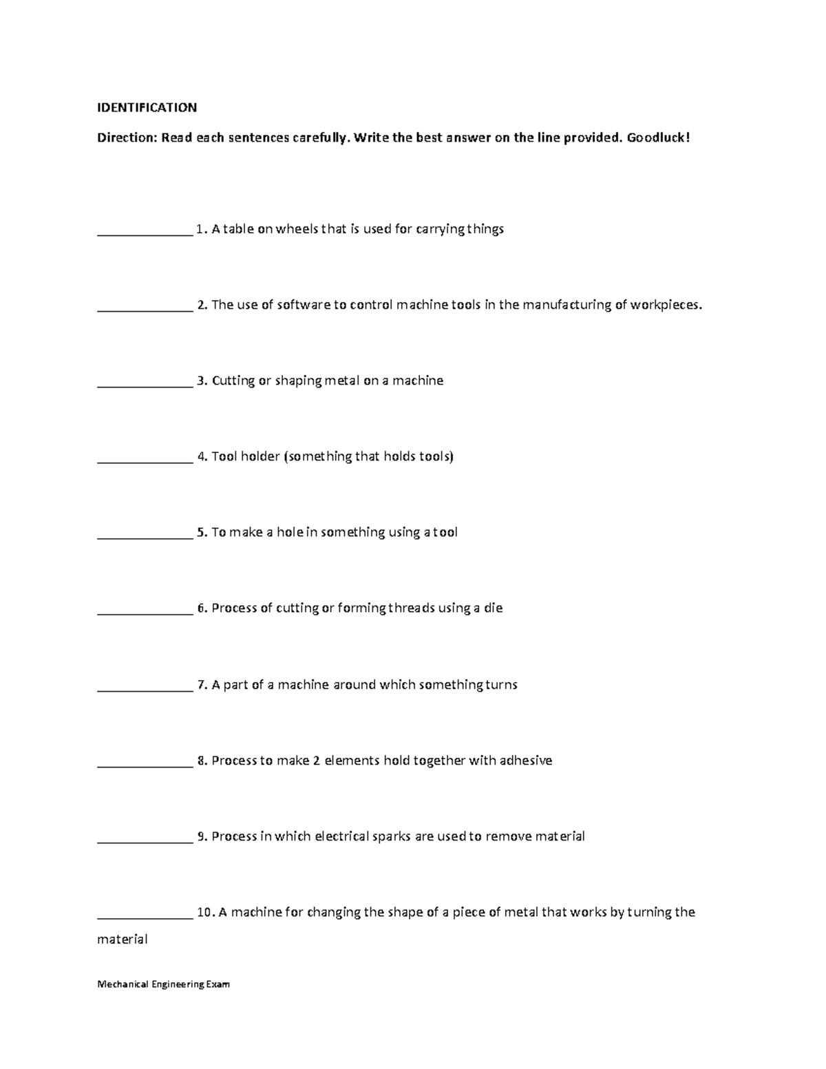 Mechanical Engineering Practice Exam 3 - Mechanical Engineering Exam ...