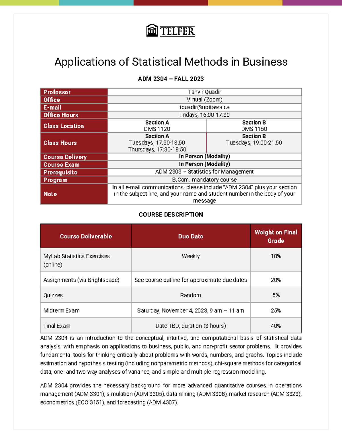 ADM2304 co F23 - Syllabus - Applications of Statistical Methods in ...