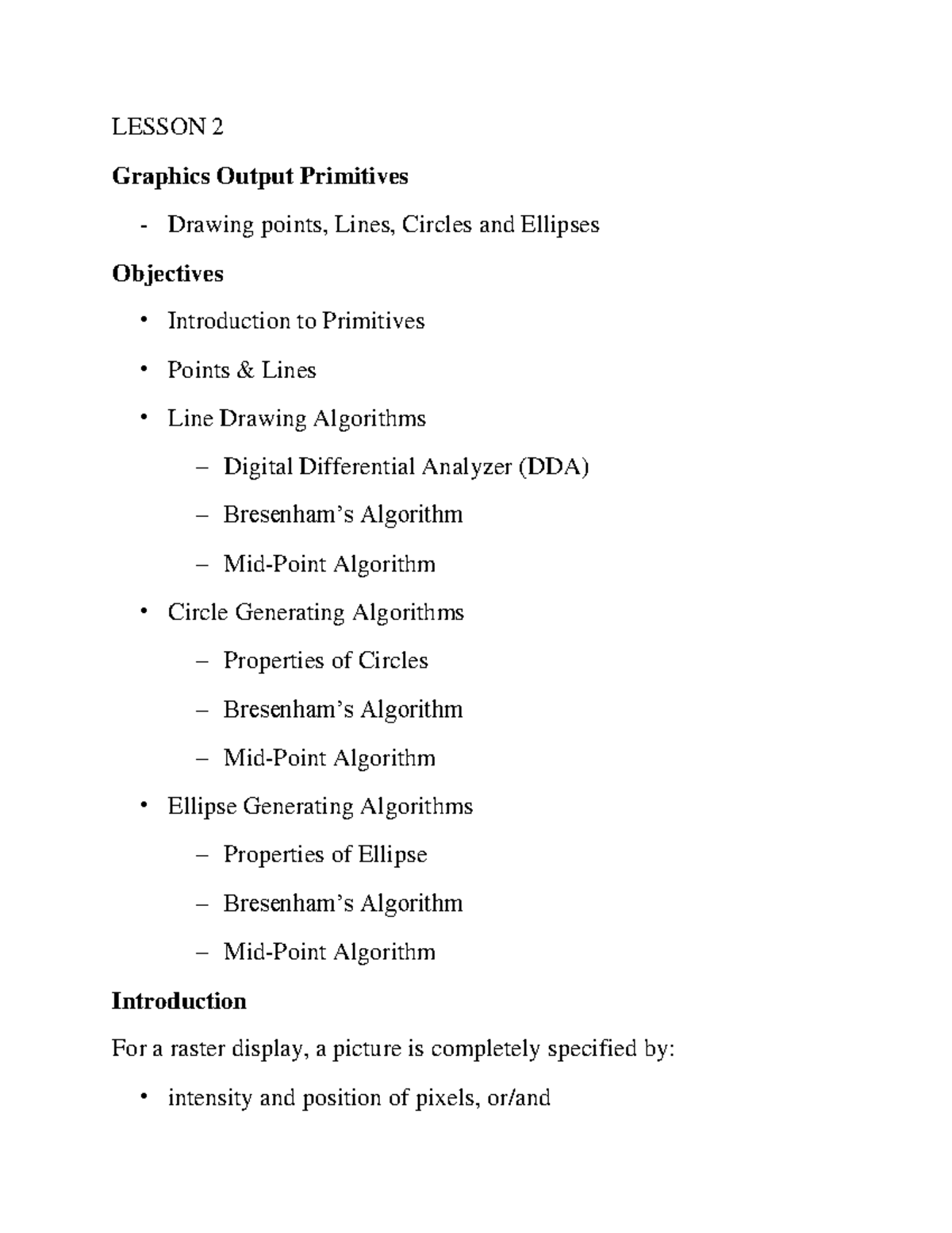Topic 2 Graphics Output Primitives And Attributes Lesson 2 Graphics Output Primitives