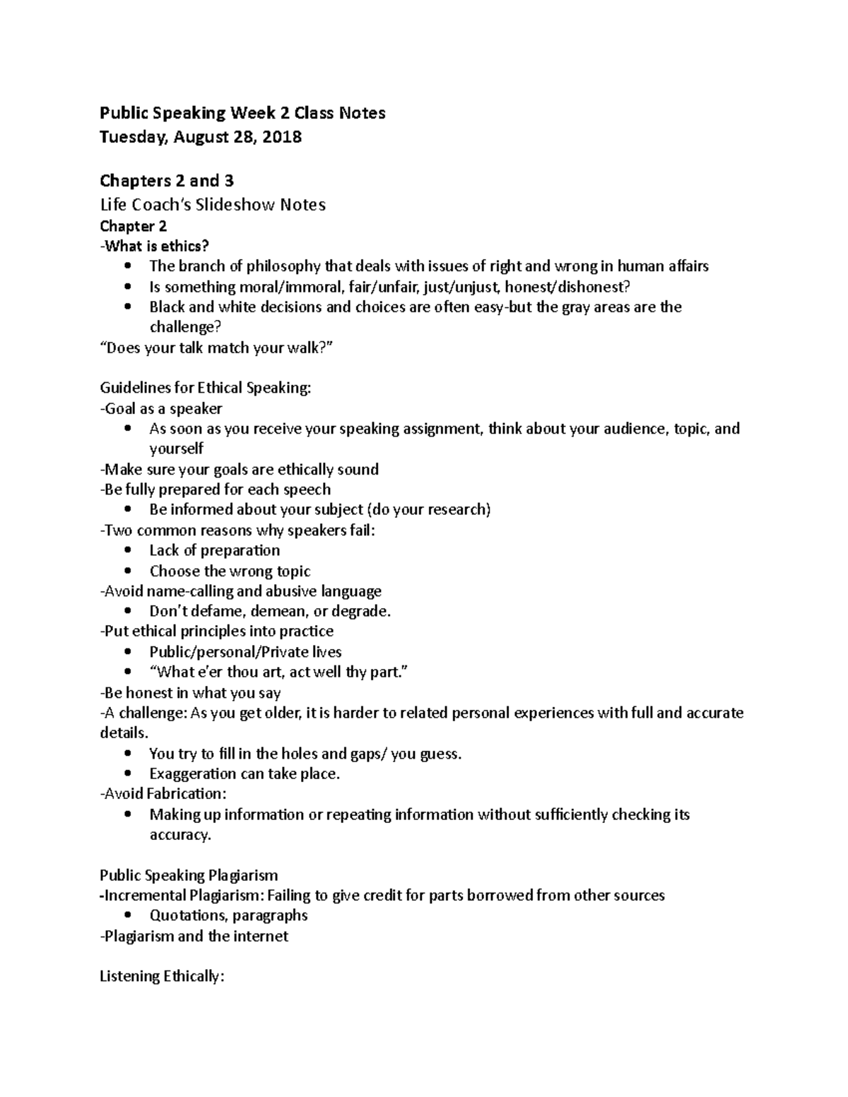 Public Speaking Week 2 Class Notes - ethical principles into practice ...