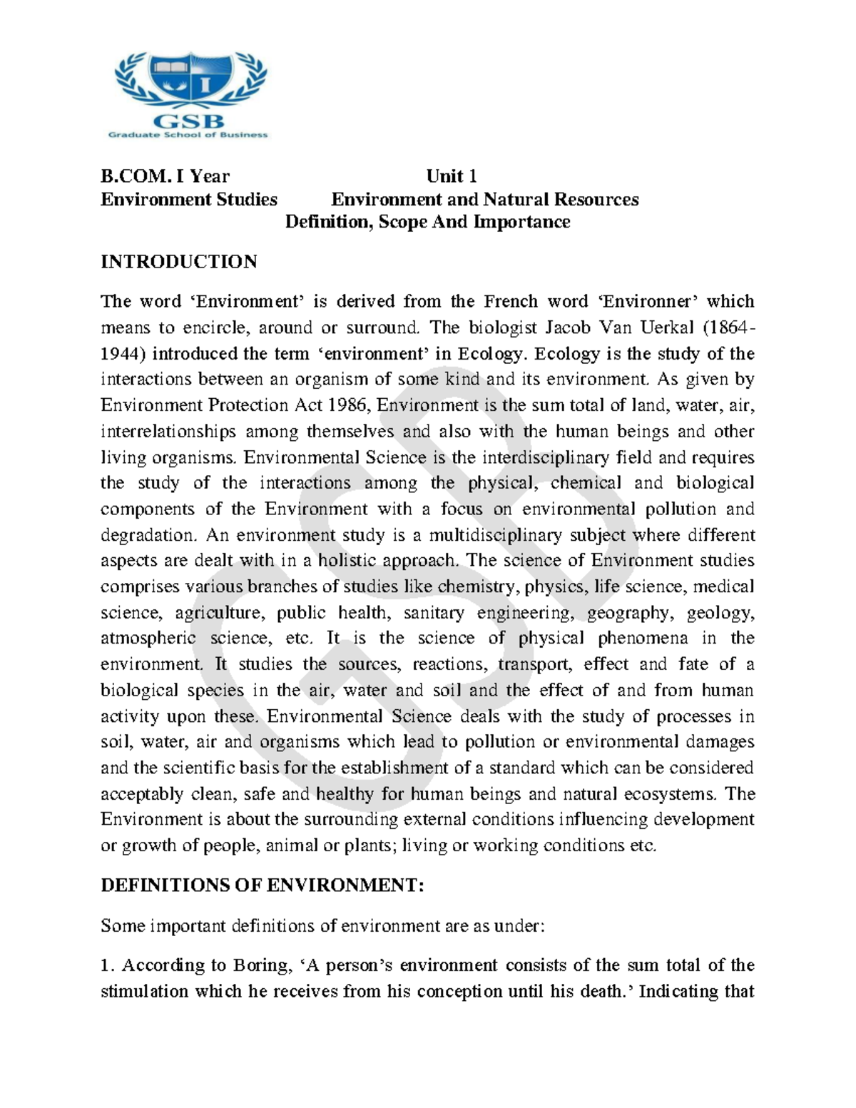UNIT 1 Notes - EVS - Environment Studies Environment and Natural ...