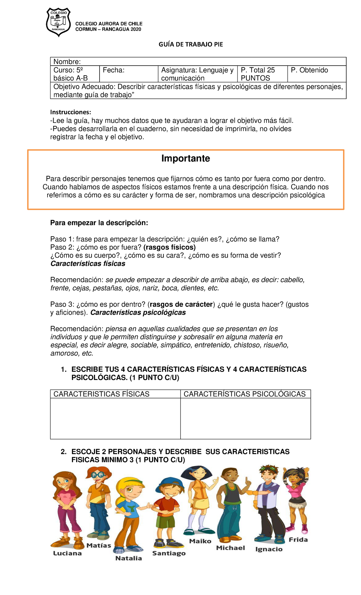 5PIE GUIA LEN S3 - ficha trabajo - COLEGIO AURORA DE CHILE CORMUN ...