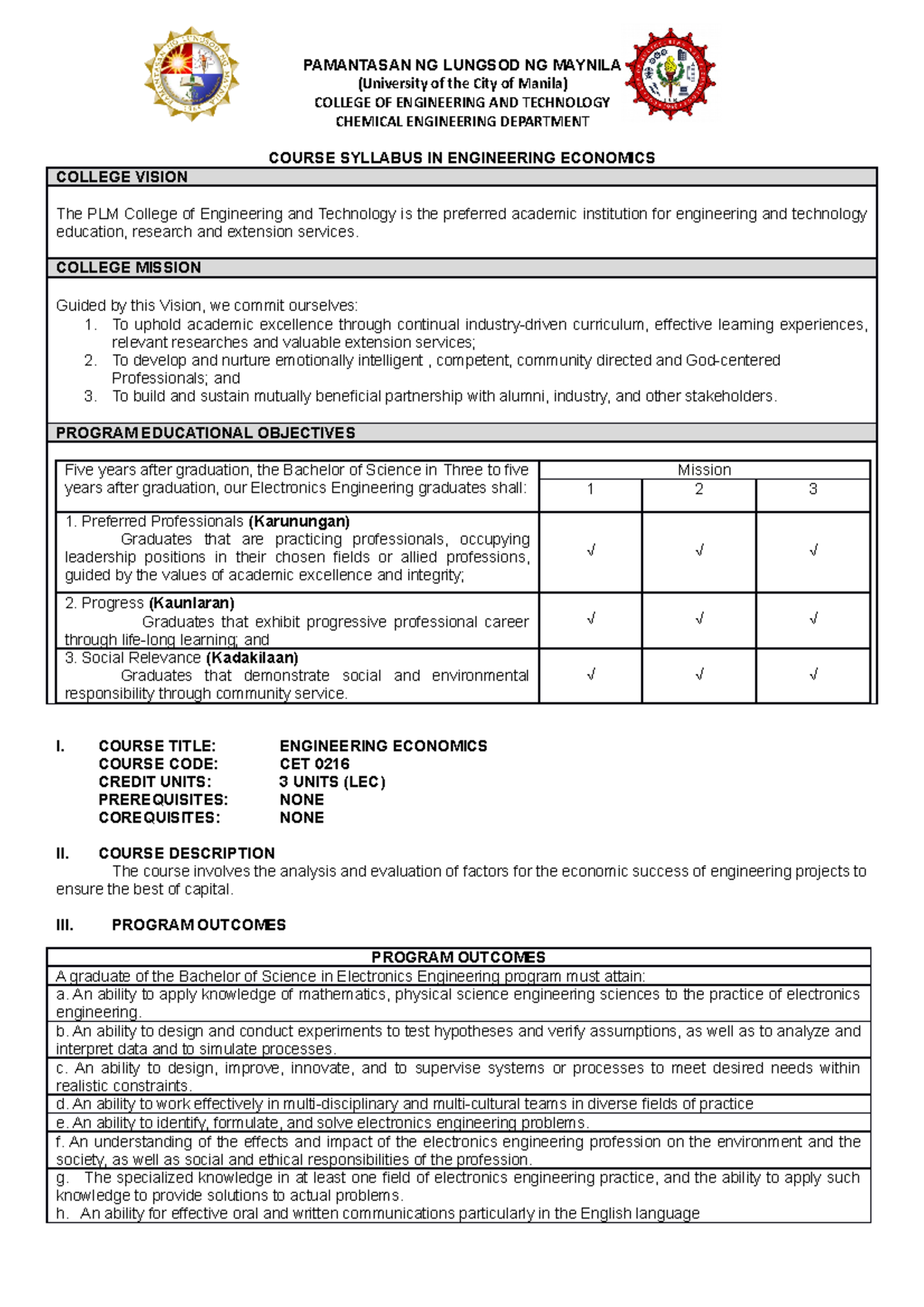 CET 0216 Engineering Economics - PAMANTASAN NG LUNGSOD NG MAYNILA ...