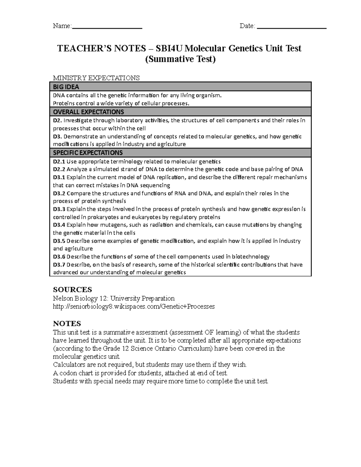 SBI4U – Molecular Genetics Unit Test Teacher - Name: Date: TEACHER’S ...