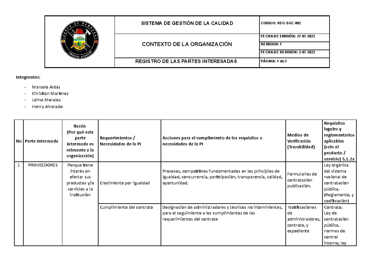 REG-SGC-002 Partes Interesadas Operaciones - SISTEMA DE GESTIÓN DE LA ...