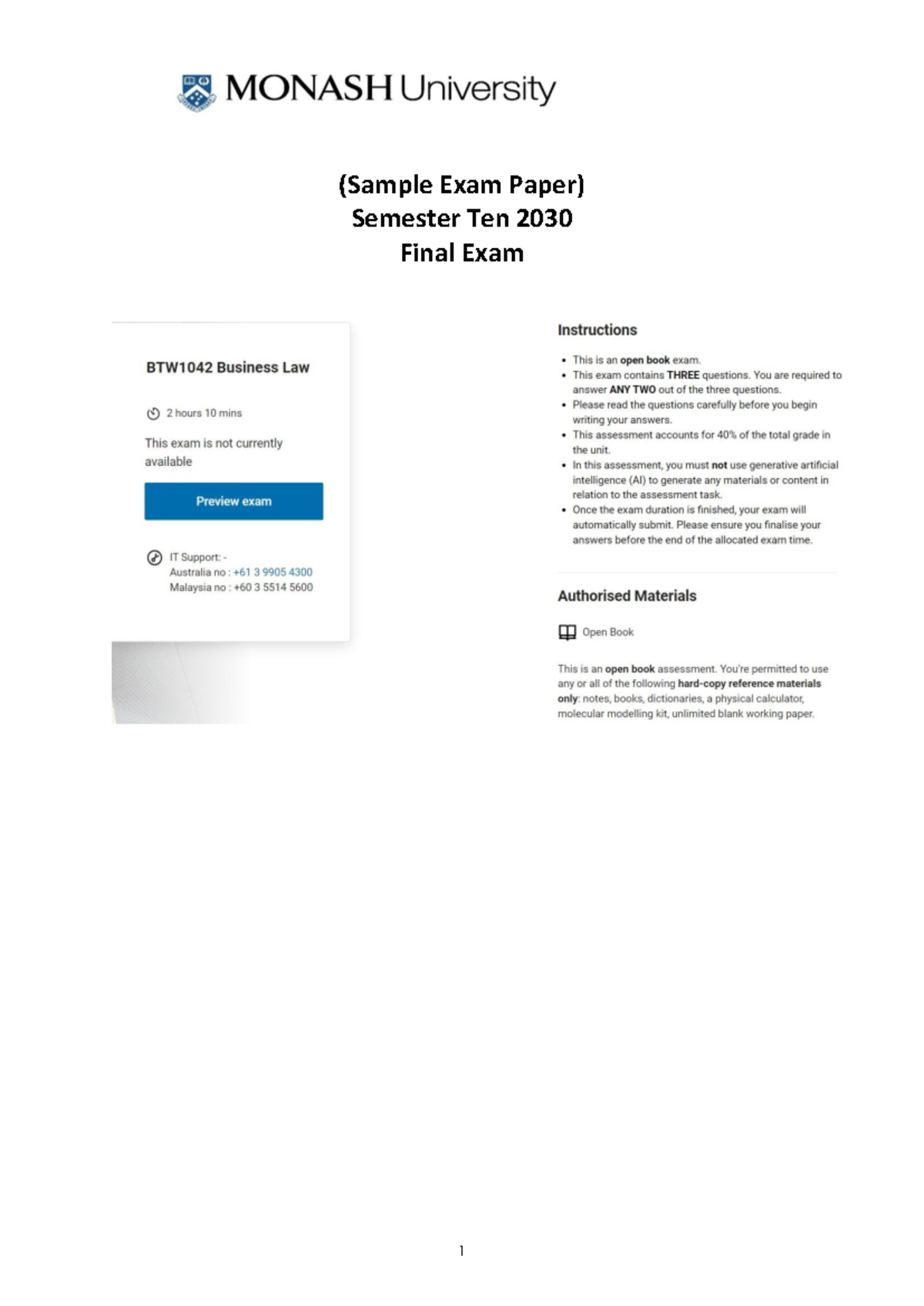 Sample exam paper - 1 (Sample Exam Paper) Semester Ten 203 0 Final Exam ...