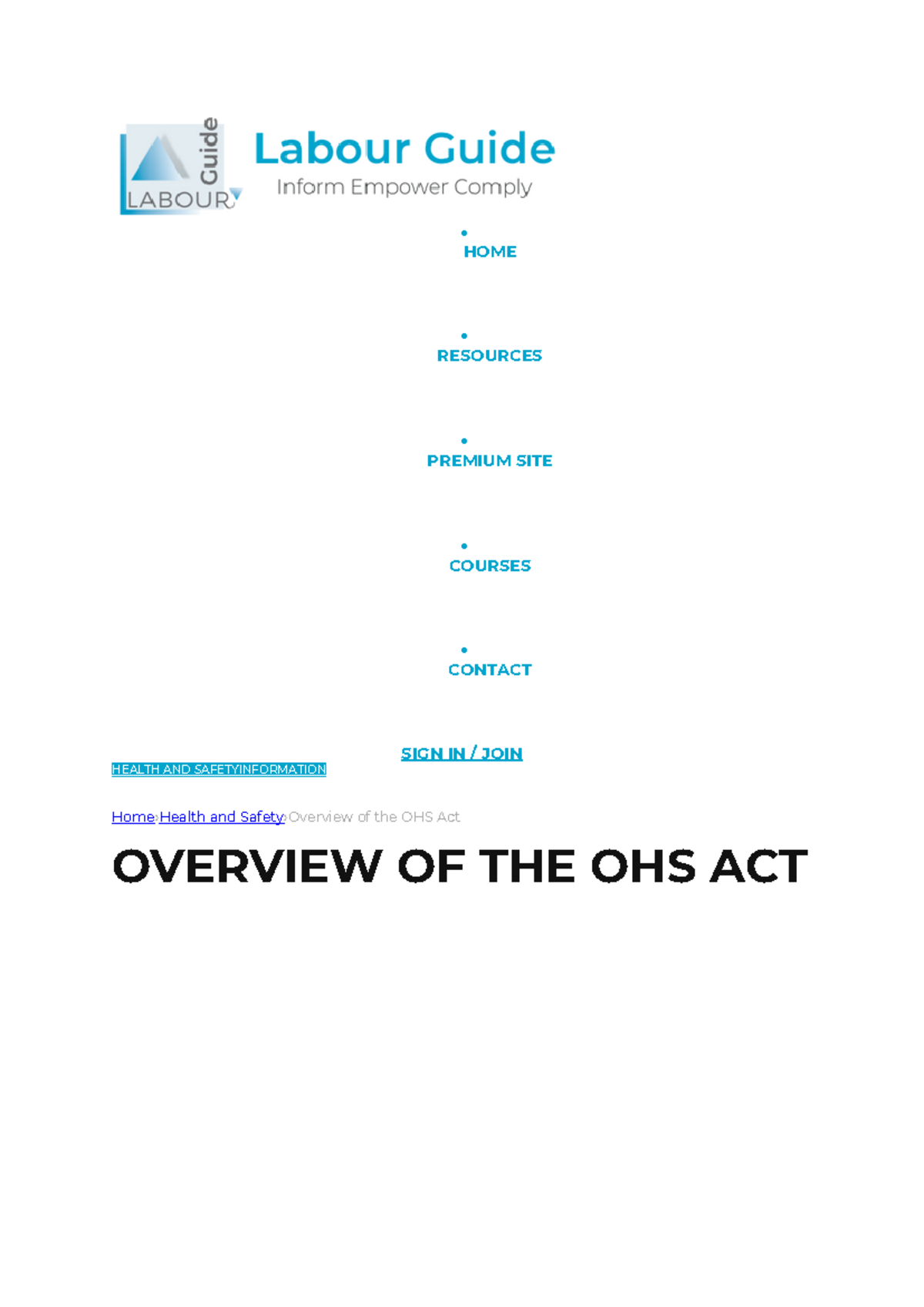 Labour Guide OHS Summary - HOME RESOURCES PREMIUM SITE COURSES CONTACT ...