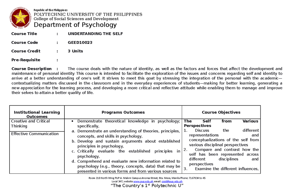 Understanding-THE-SELF OBE- Course Title : UNDERTANDING THE SELF Course ...