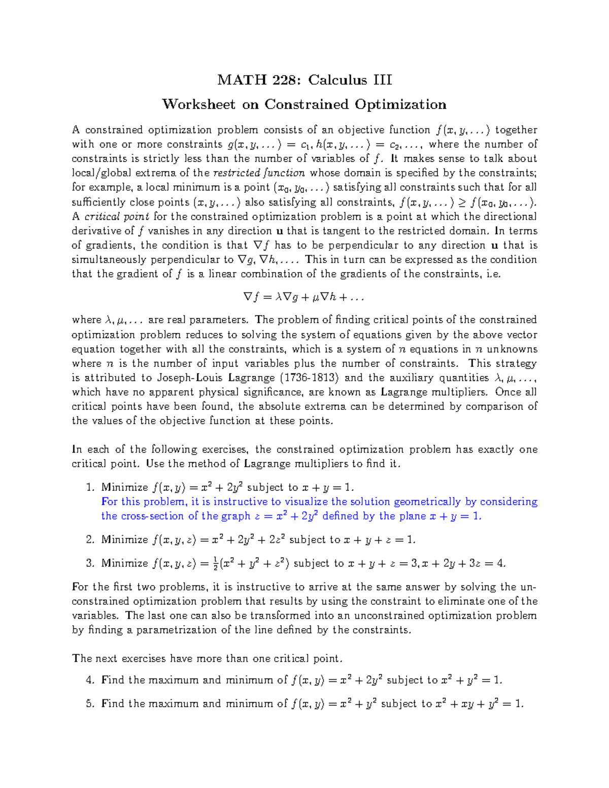 Worksheet on constrained optimization - MATH 228: Calculus III ...
