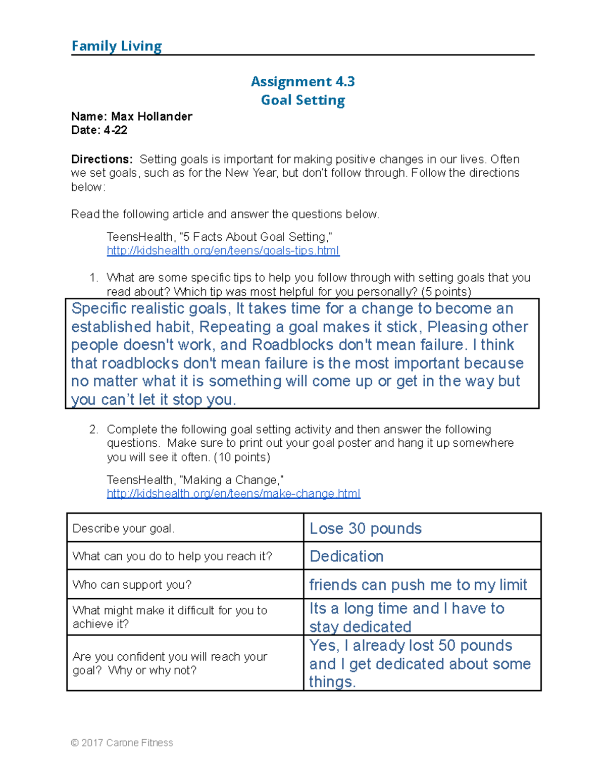 4 3assignment - For online health 1 - Family Living Assignment 4. Goal ...
