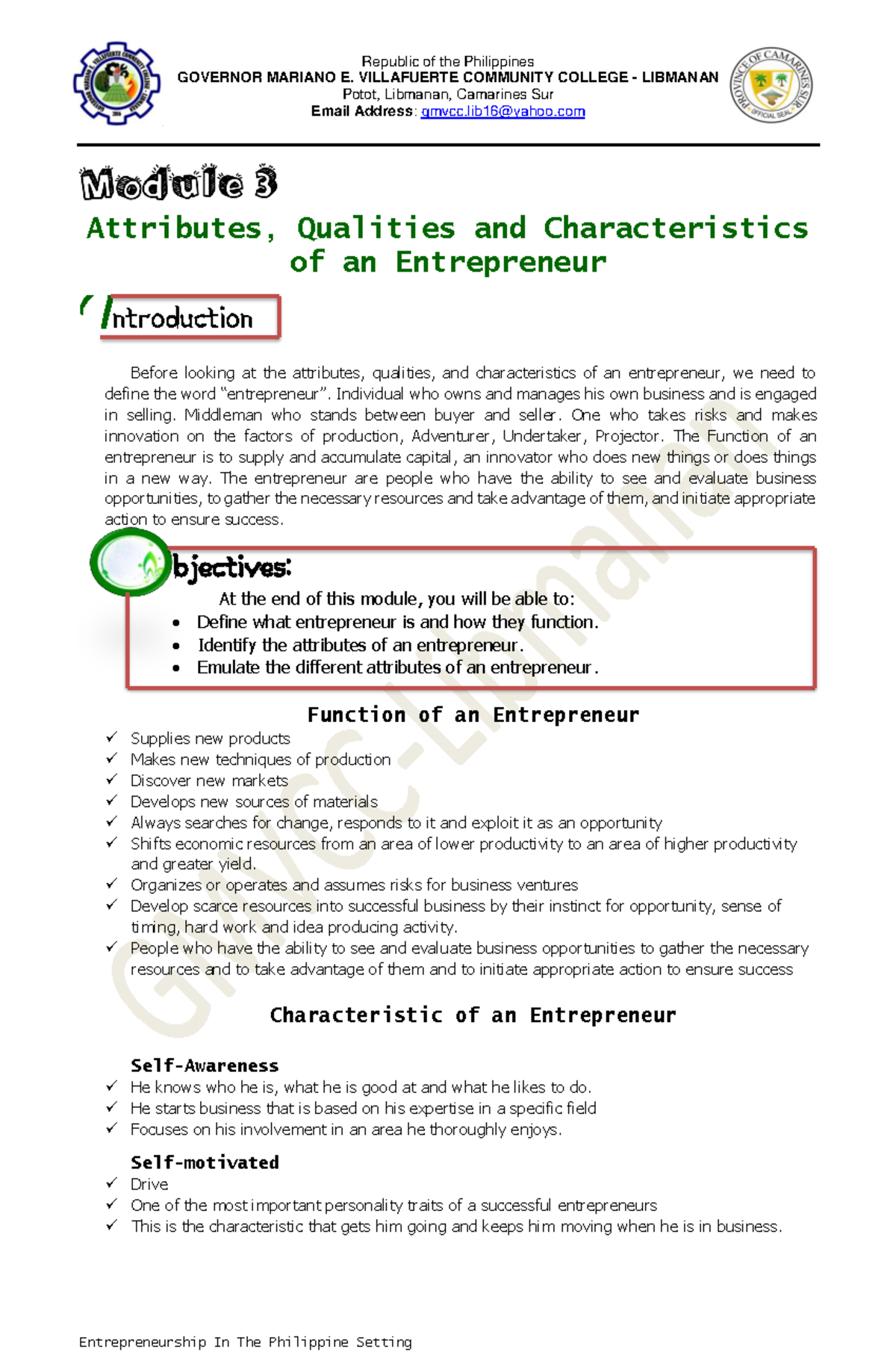 Entrep 3 - GOVERNOR MARIANO E. VILLAFUERTE COMMUNITY COLLEGE - LIBMANAN ...