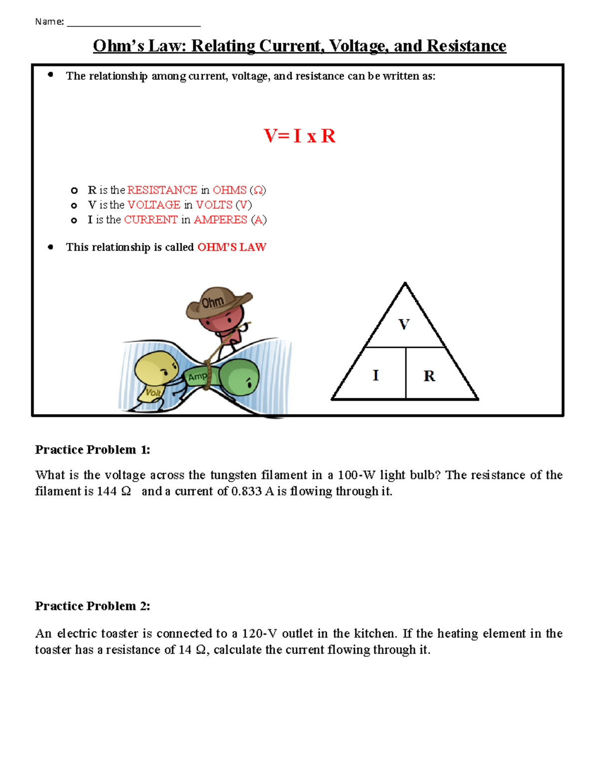 28b. Ohm's Law - Note Handout & Practice Problems - Name ...