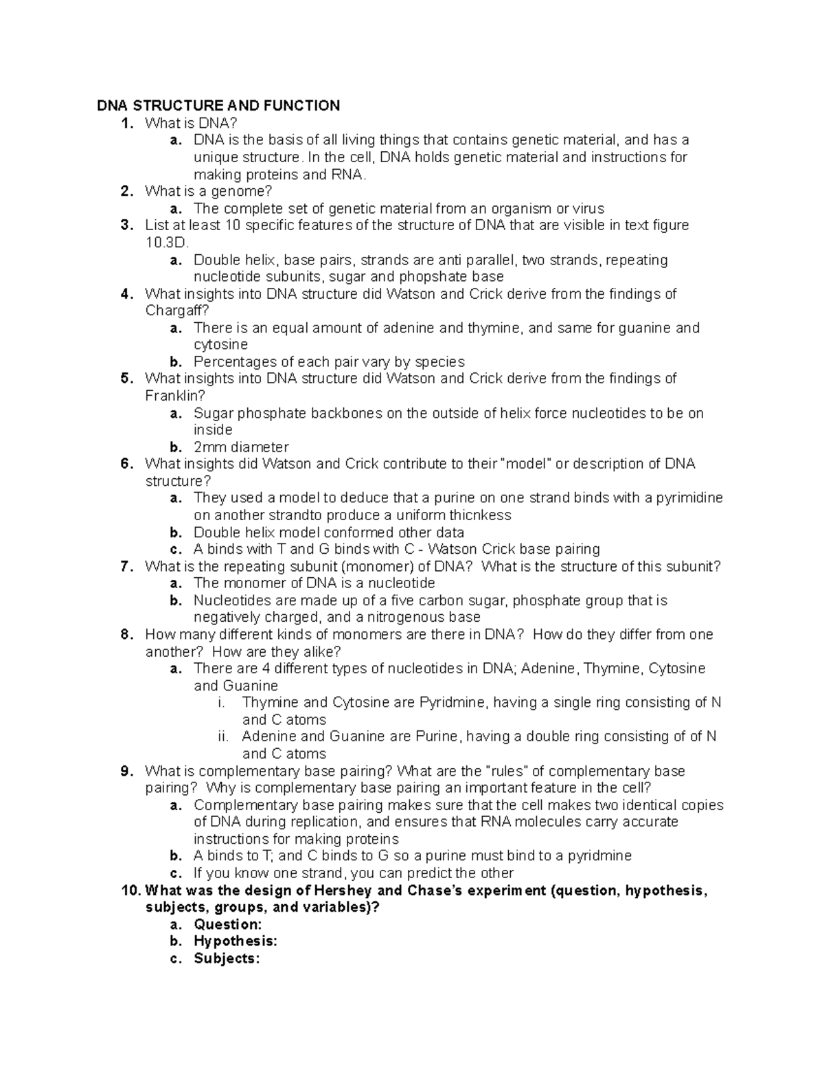 UNIT 1 Study Questions - DNA STRUCTURE AND FUNCTION What is DNA? a. DNA ...