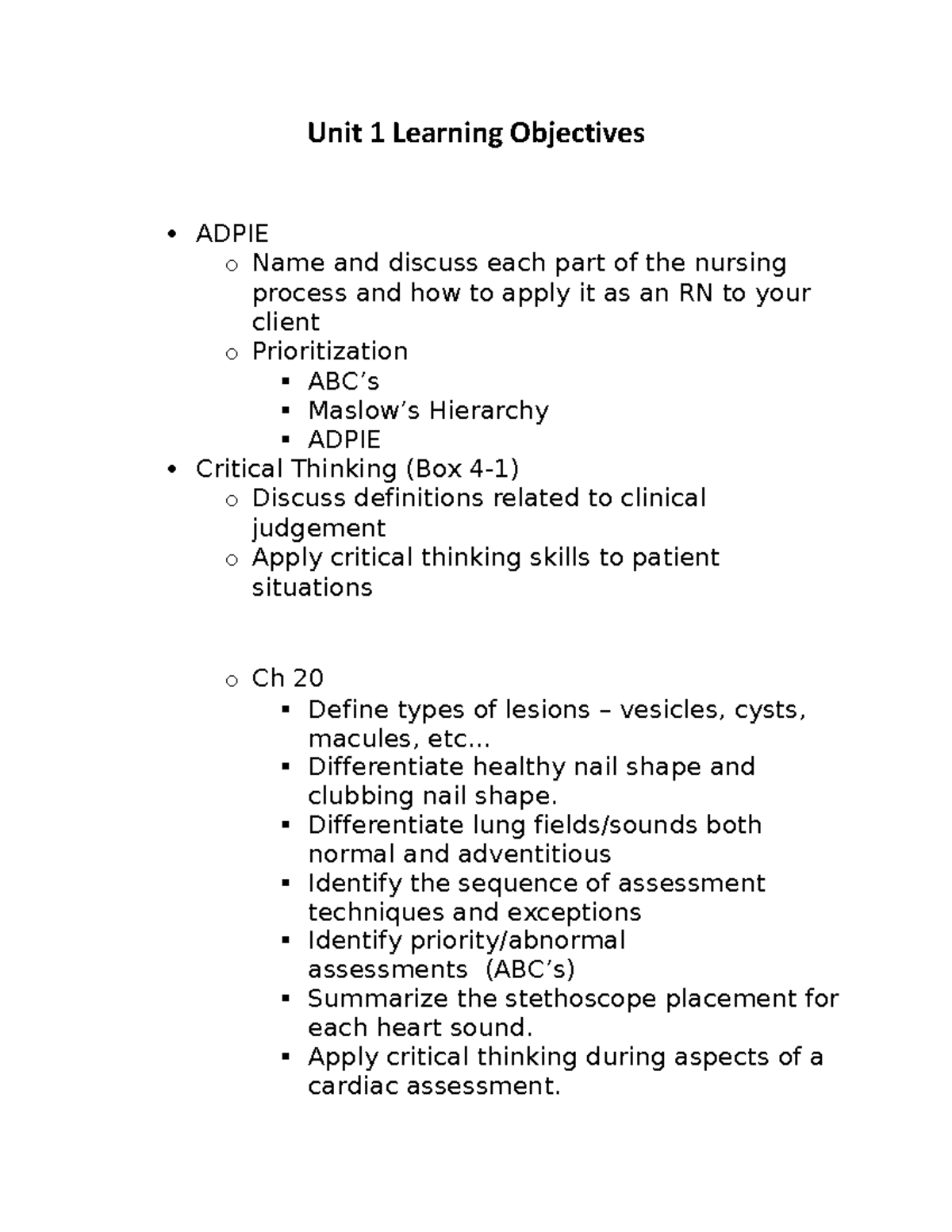 Unit 1 Learning Objectives NUR 155 Summer 23 - NUR 155 - Studocu