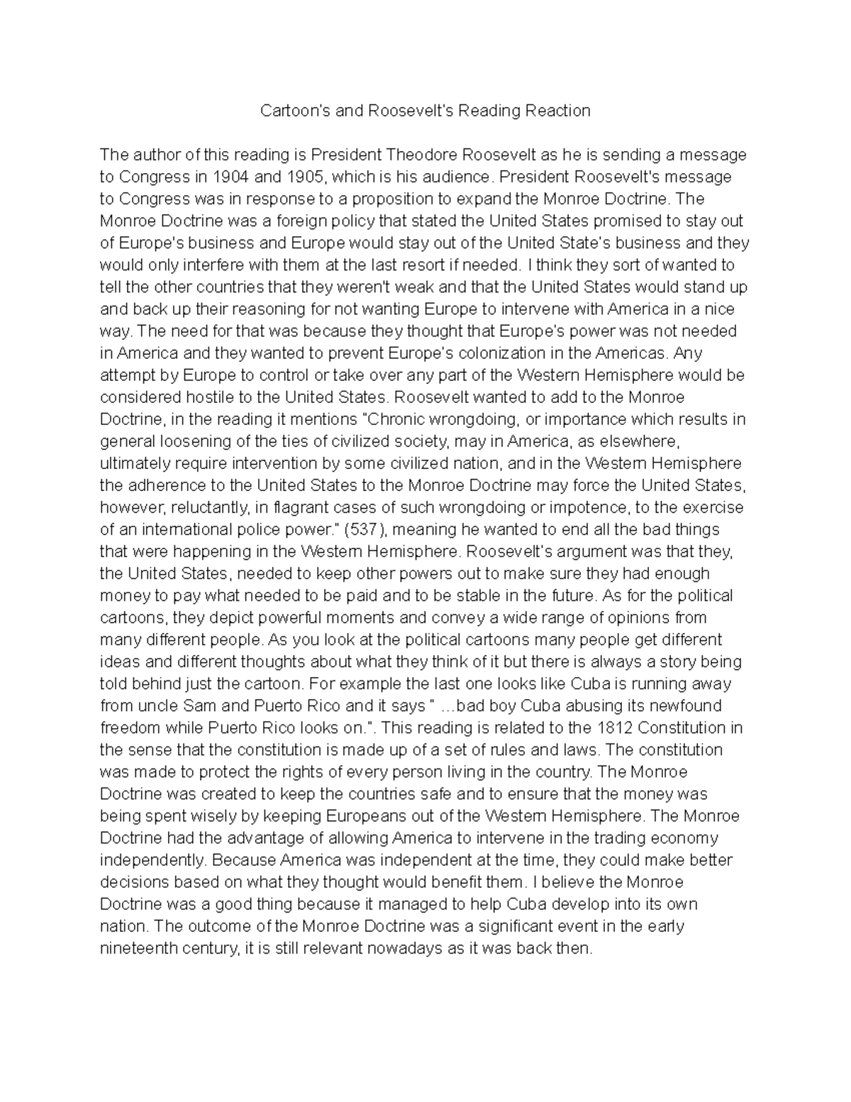 Cartoon's and Roosevelt's Reading Reaction - Cartoon’s and Roosevelt’s ...