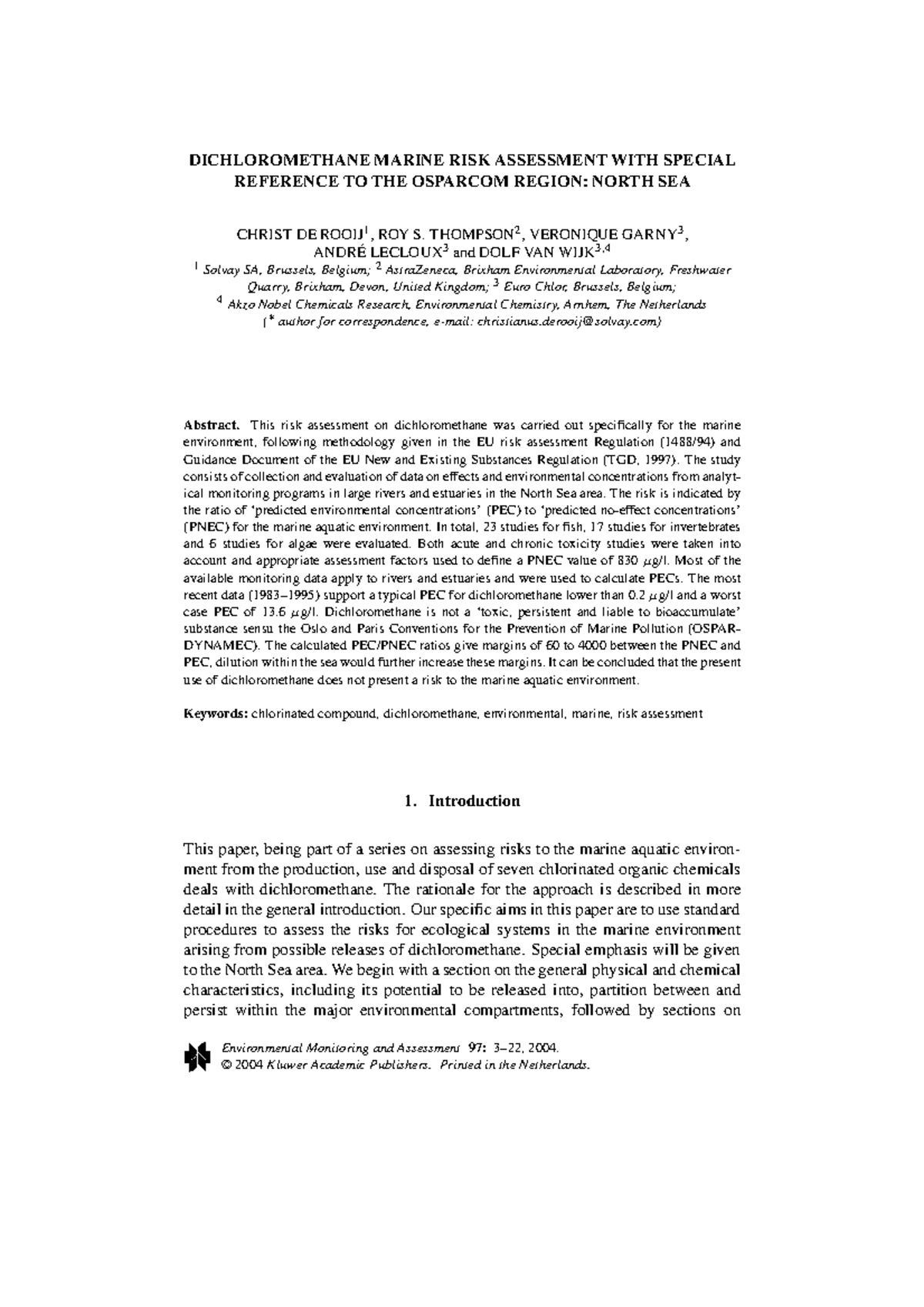 Dichloromethane Marine RISK Assessment WITH Special - DICHLOROMETHANE ...
