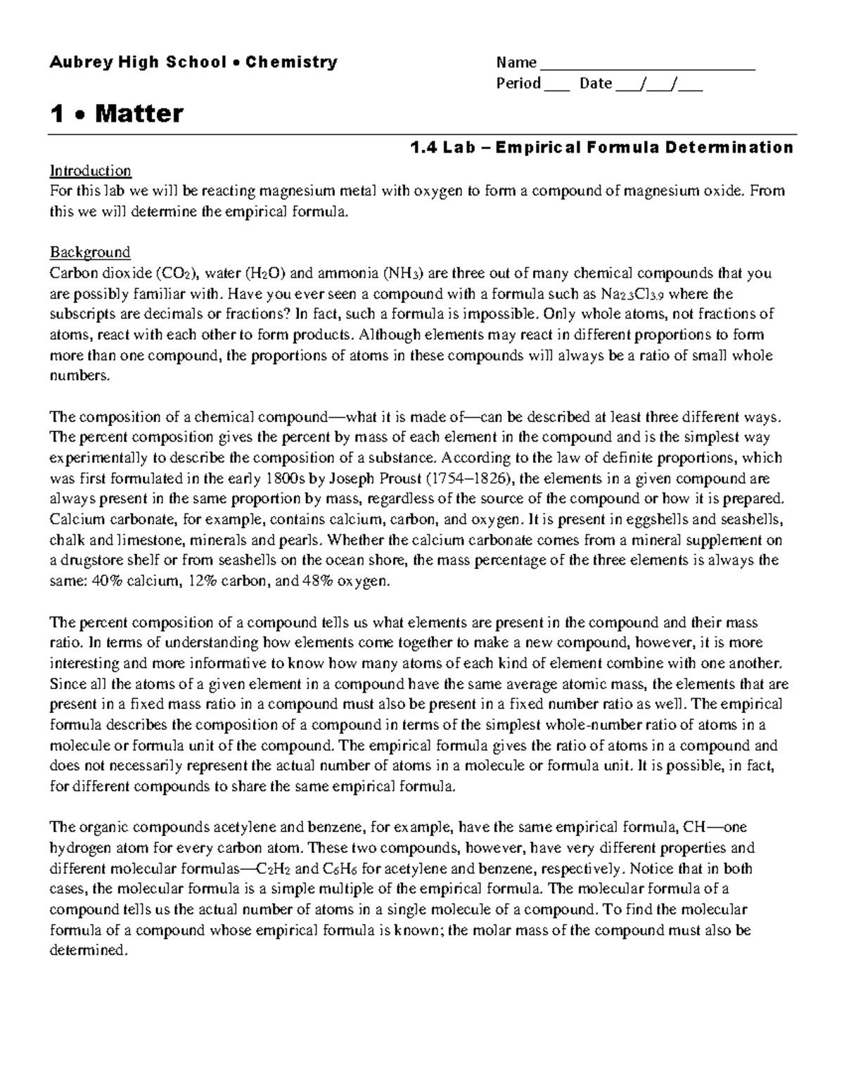 Empirical Formula Determination - Aubrey High School • Chemistry Name