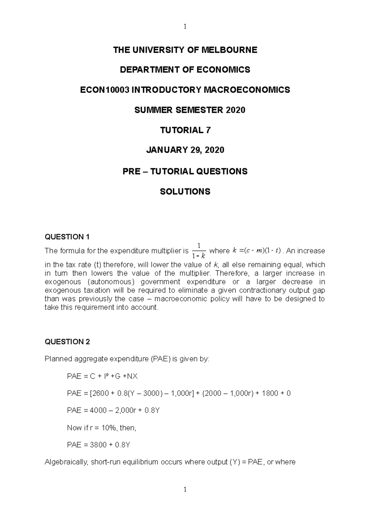 Pre-Tutorial Sheet 7 Solutions - THE UNIVERSITY OF MELBOURNE DEPARTMENT ...