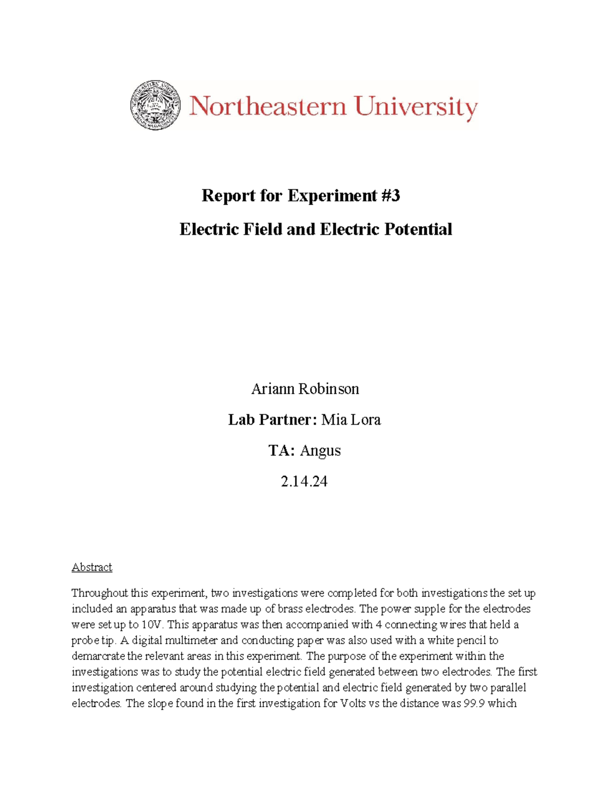 LAB 3 Report - Report for Experiment # 3 Electric Field and Electric ...