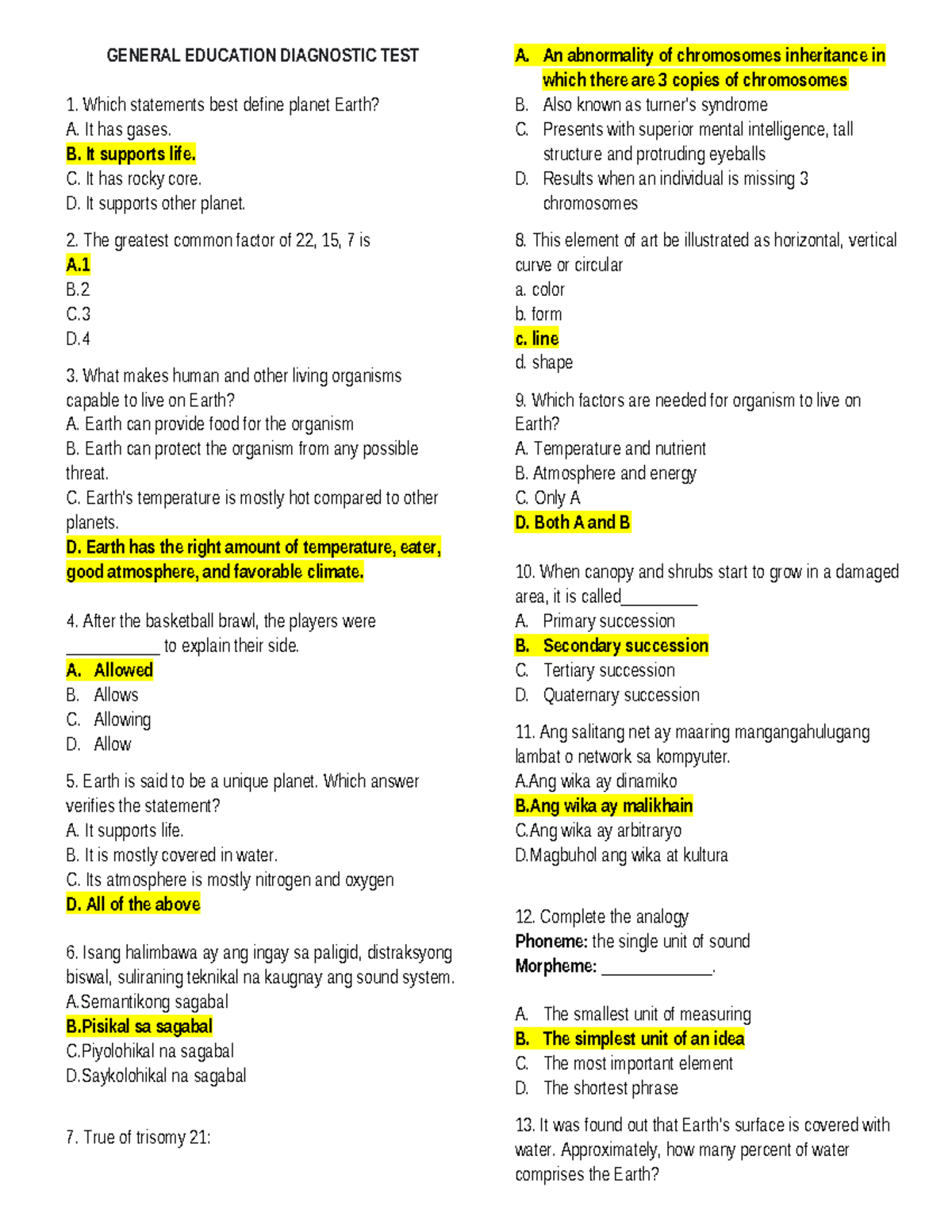 General Education Diagnostic TEST - GENERAL EDUCATION DIAGNOSTIC TEST ...