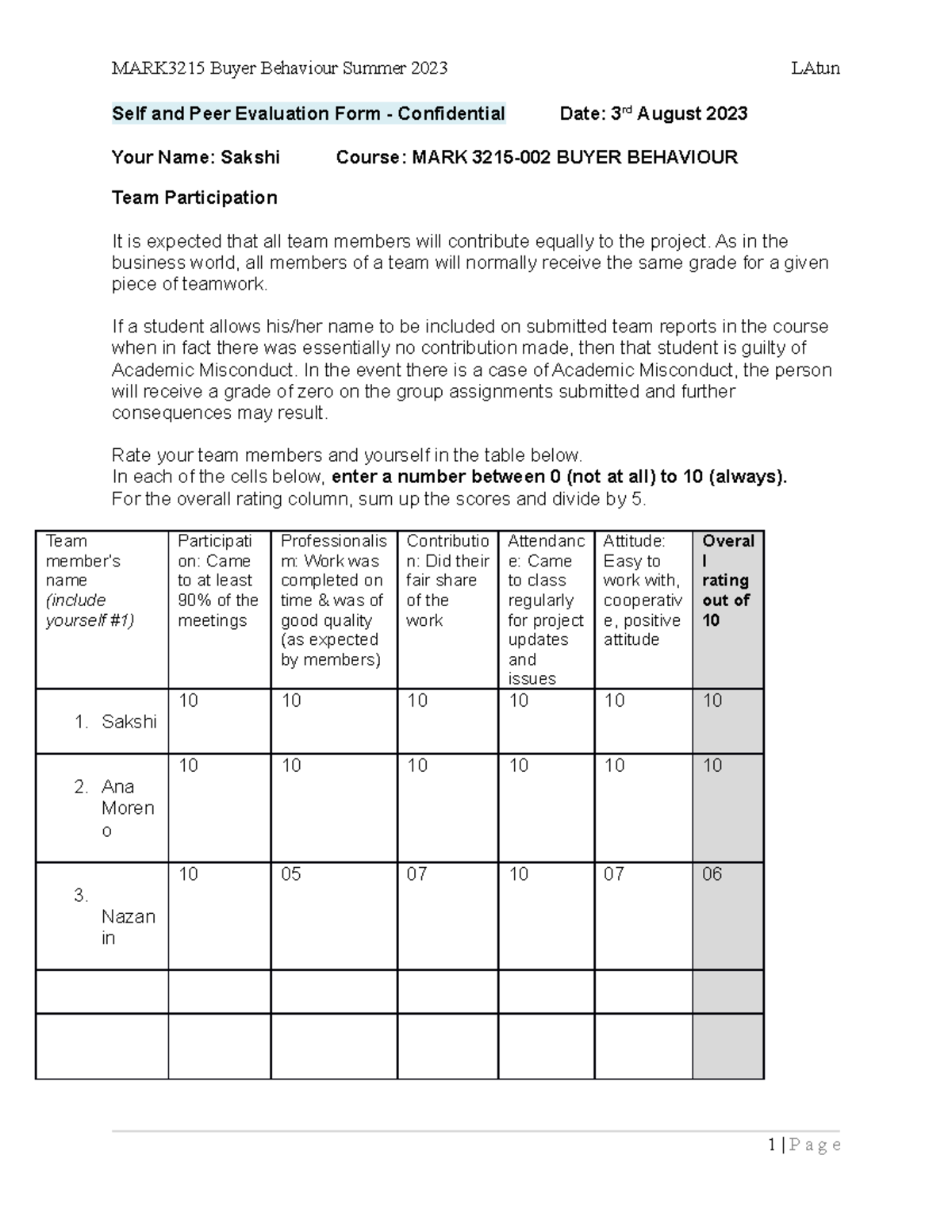 MARK3215 Peer Evaluation Form - MARK 3215 - Douglascollege - Studocu