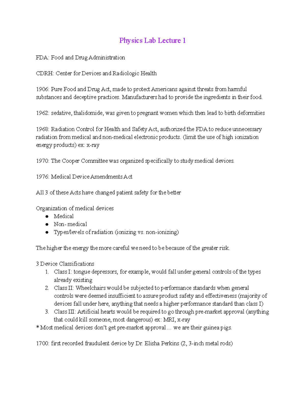 Physics Lab Lecture 1 - Notes - Physics Lab Lecture 1 FDA: Food and ...