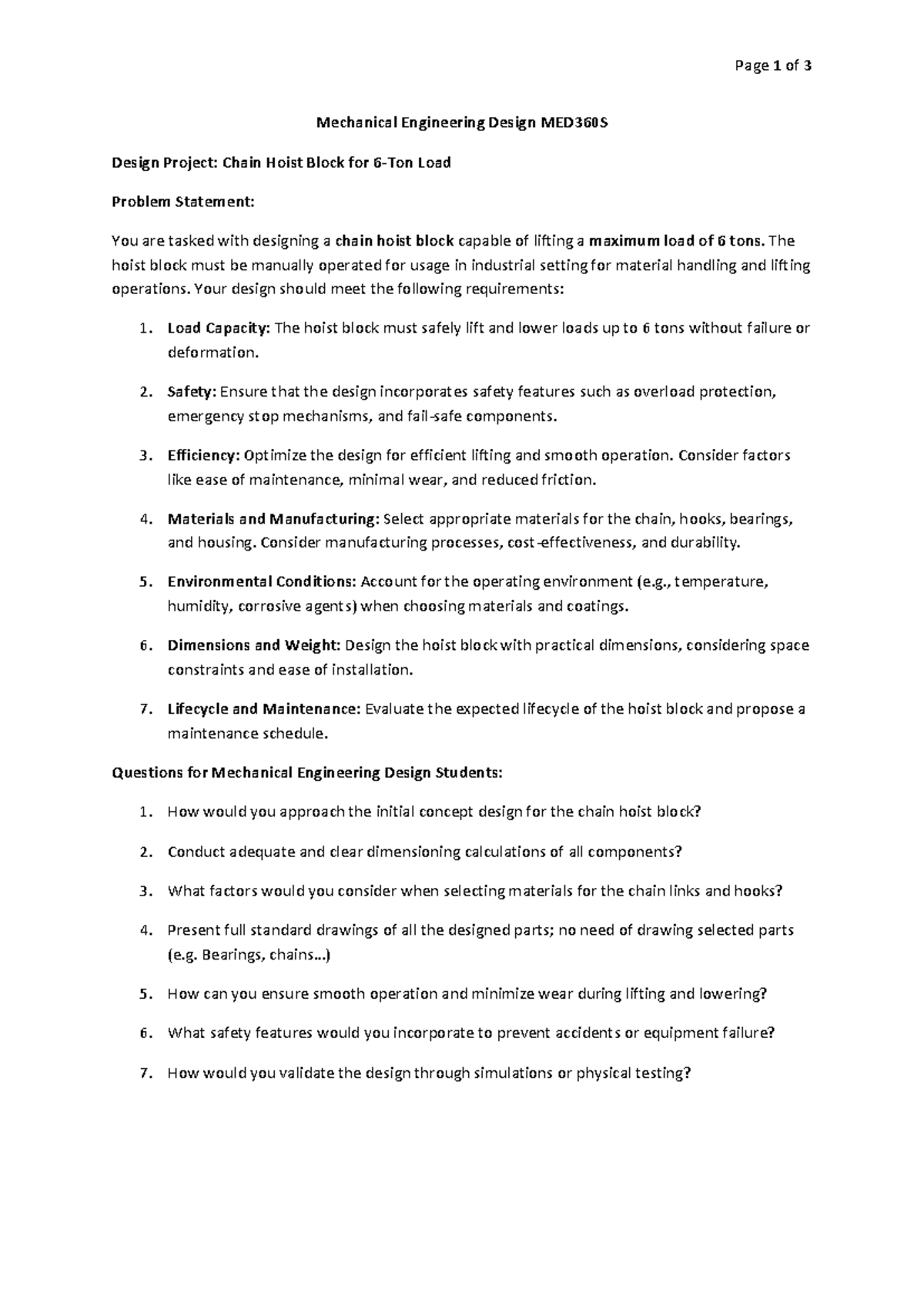 Mechanical Engineering Design Project - Page 1 of 3 Mechanical ...