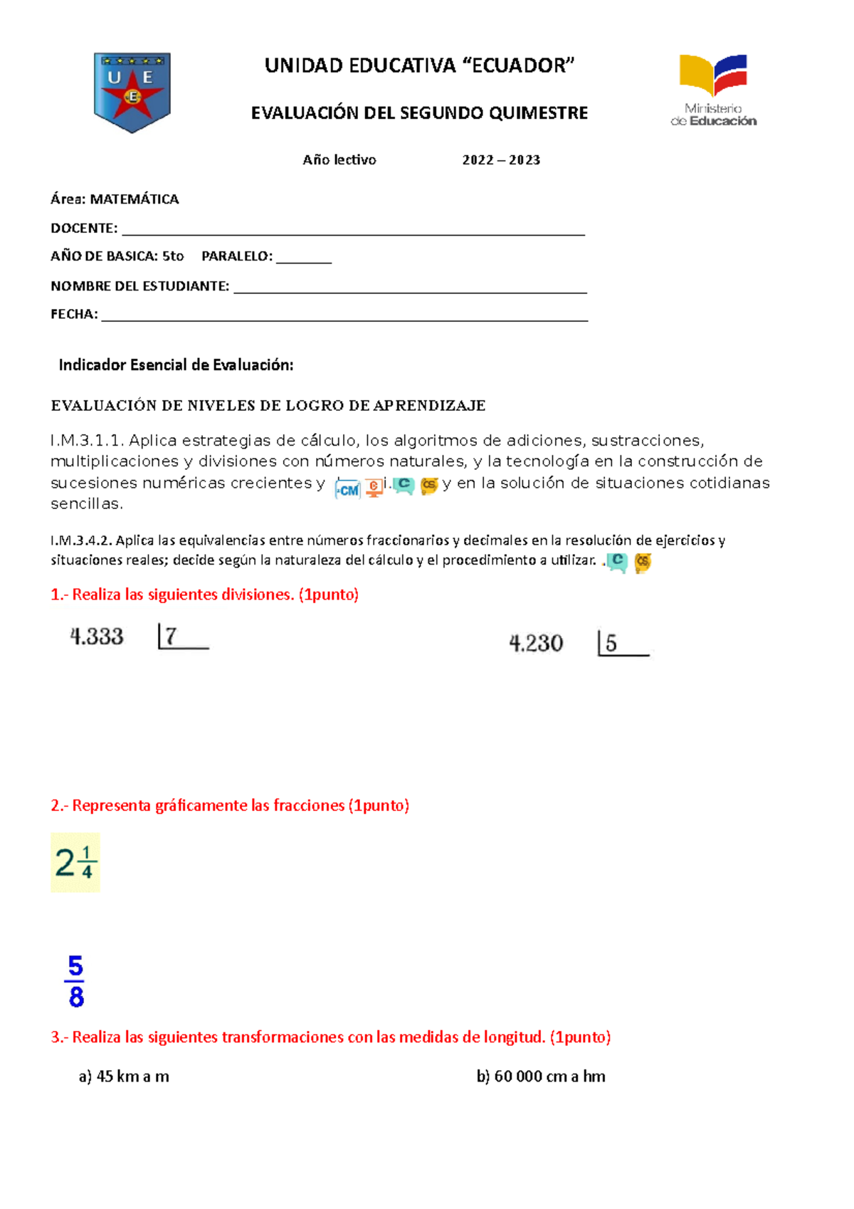 EVL. MAT. II QMTR - adicional - UNIDAD EDUCATIVA “ECUADOR” EVALUACIÓN ...