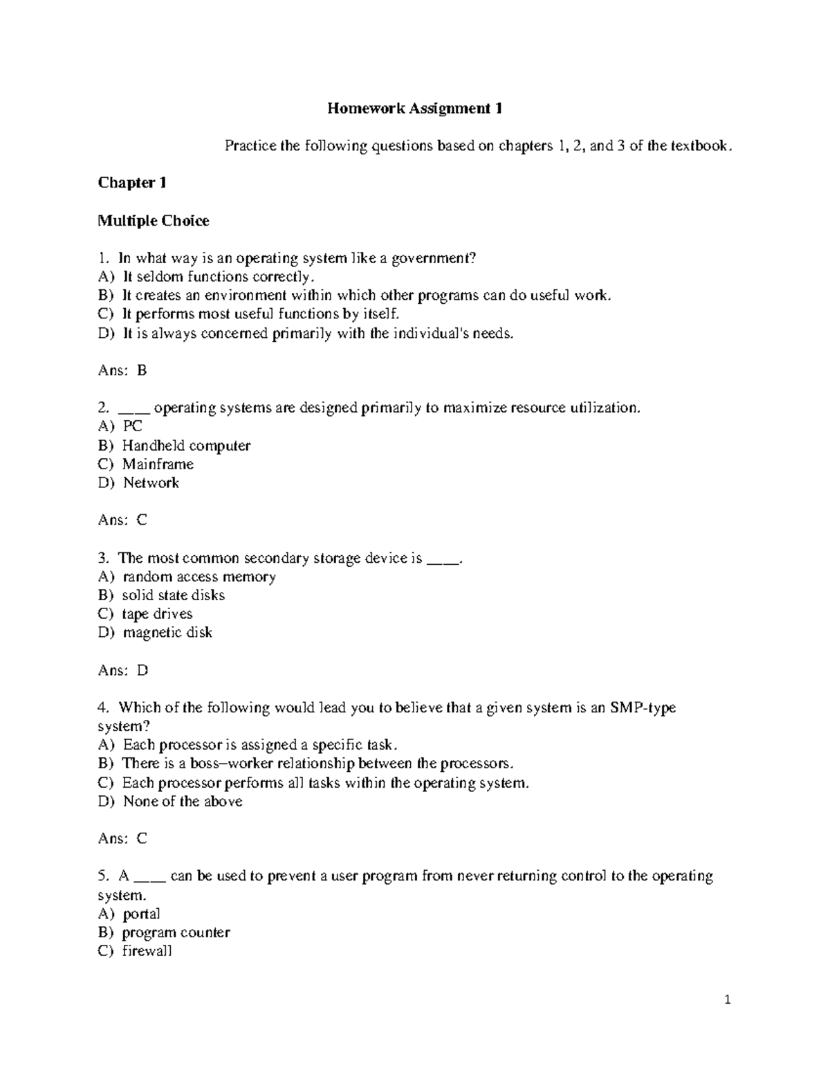 Homework 1Sp20 - note - Homework Assignment 1 Practice the following questions based on chapters ...