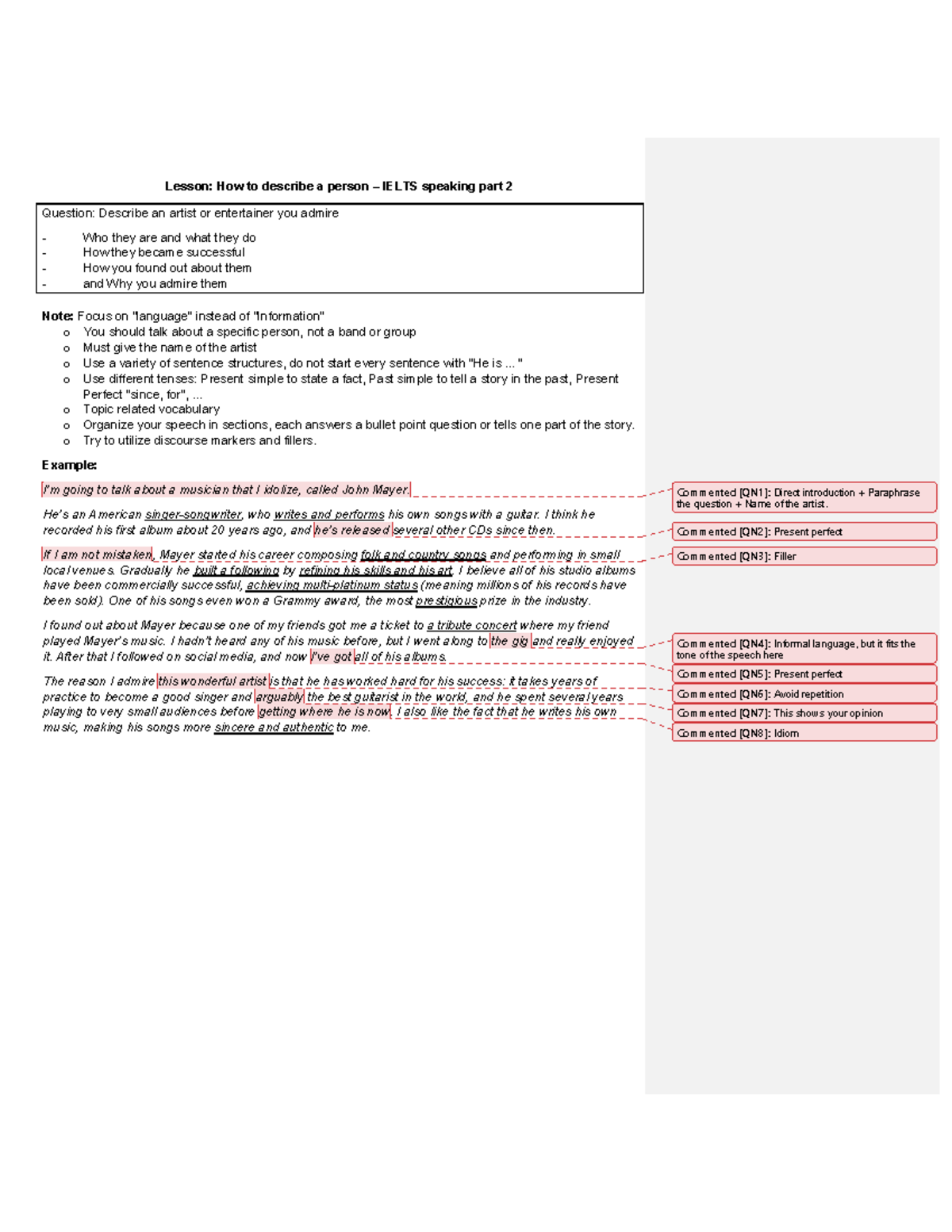 Lesson part 2 person Artist - Lesson: How to describe a person ñ IELTS ...