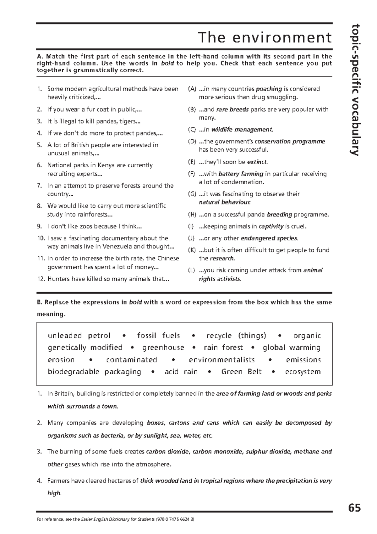 THE Environment - Vocab - KEY - The environment topic-specific ...