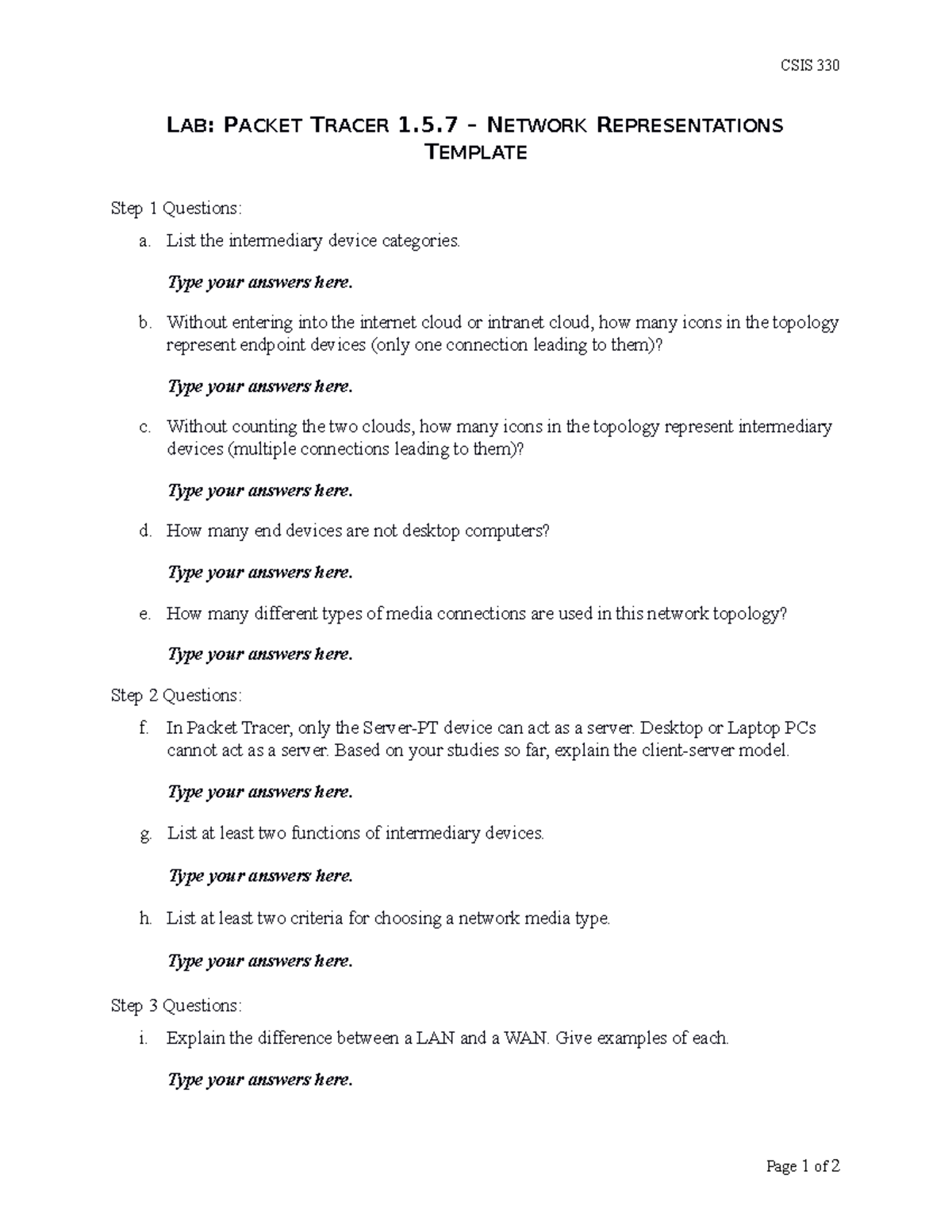 Lab Packet Tracer 155 Network Representations Template Csis 330 Lab Packet Tracer 15