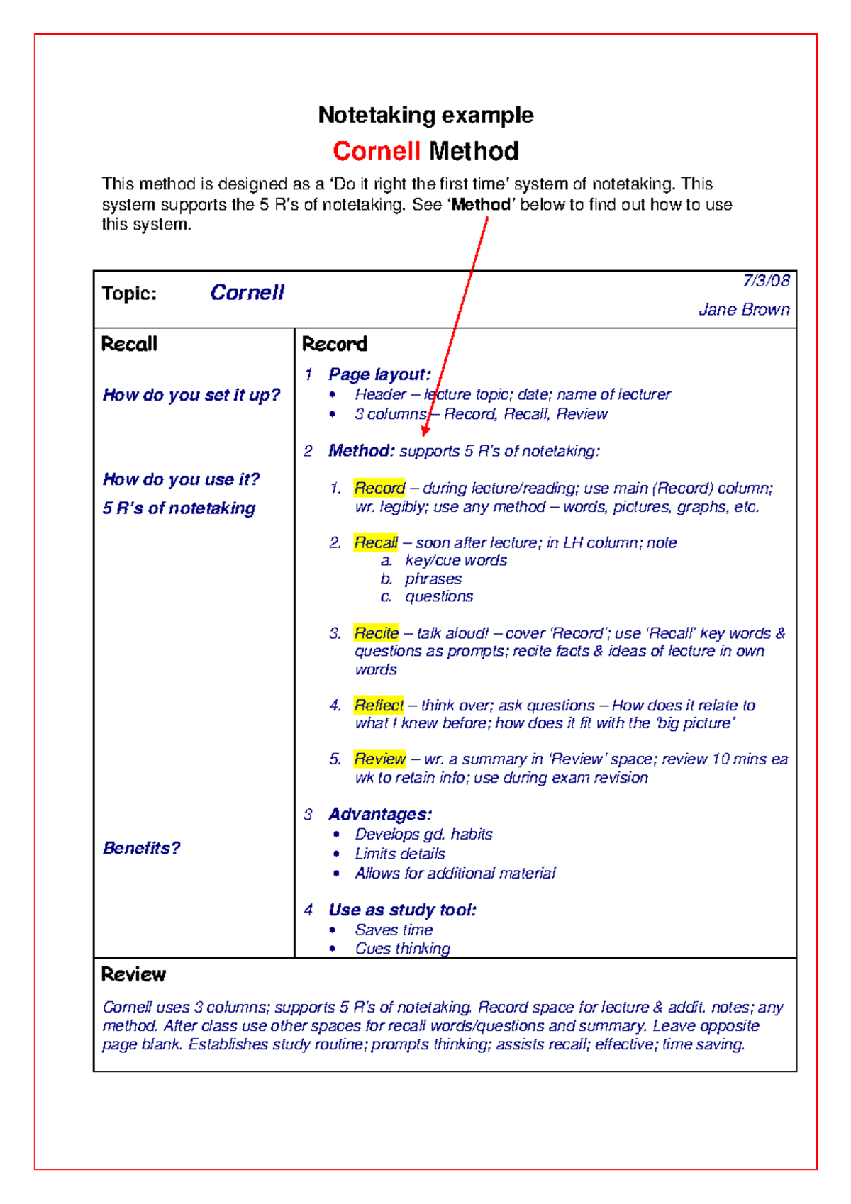 Cornell example UNE3 - Notetaking example Cornell Method This method is ...