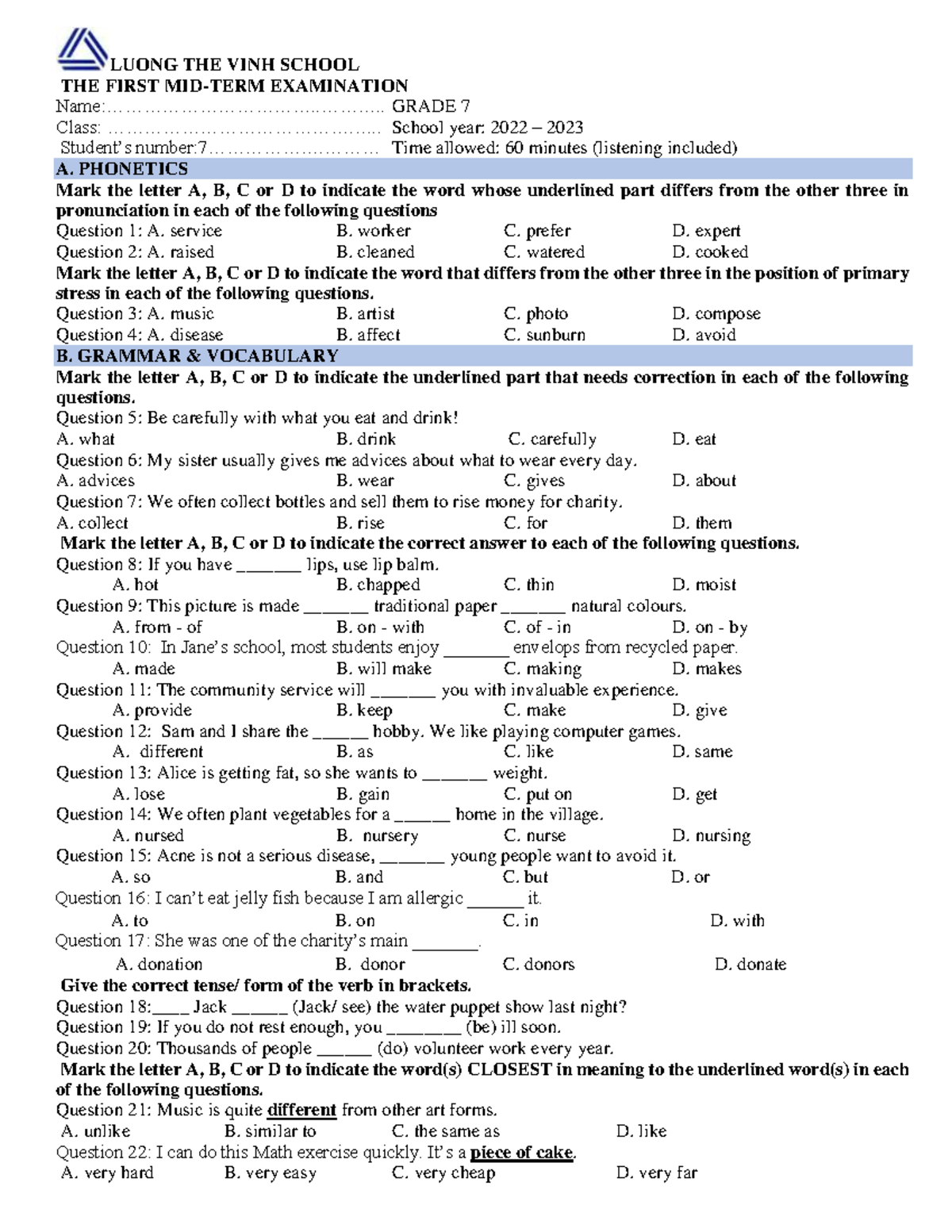 G7 - Test giữa kì 1 (22-23) LTV - LUONG THE VINH SCHOOL THE FIRST MID ...