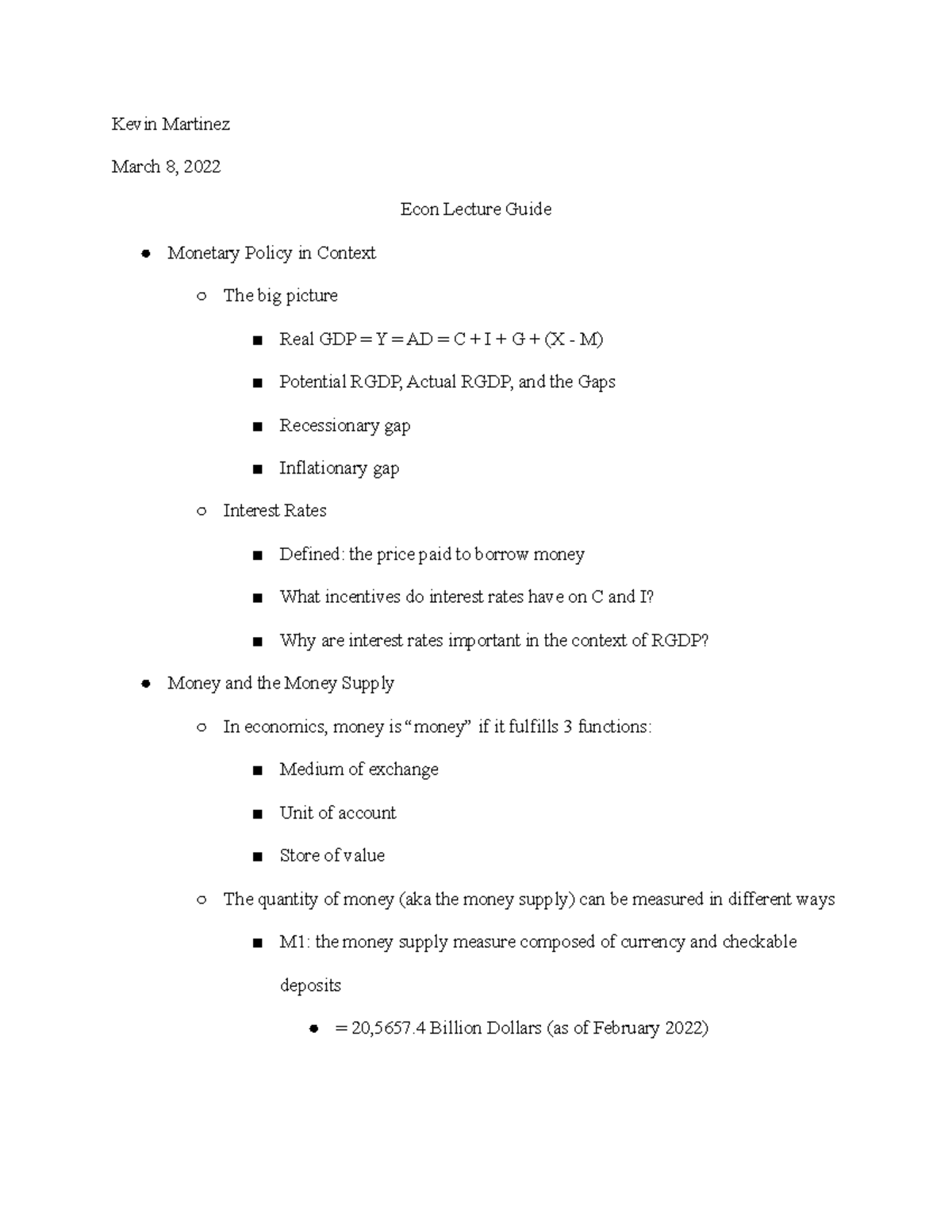 Lecture Guide - Monetary Policy - Kevin Martinez March 8, 2022 Econ ...