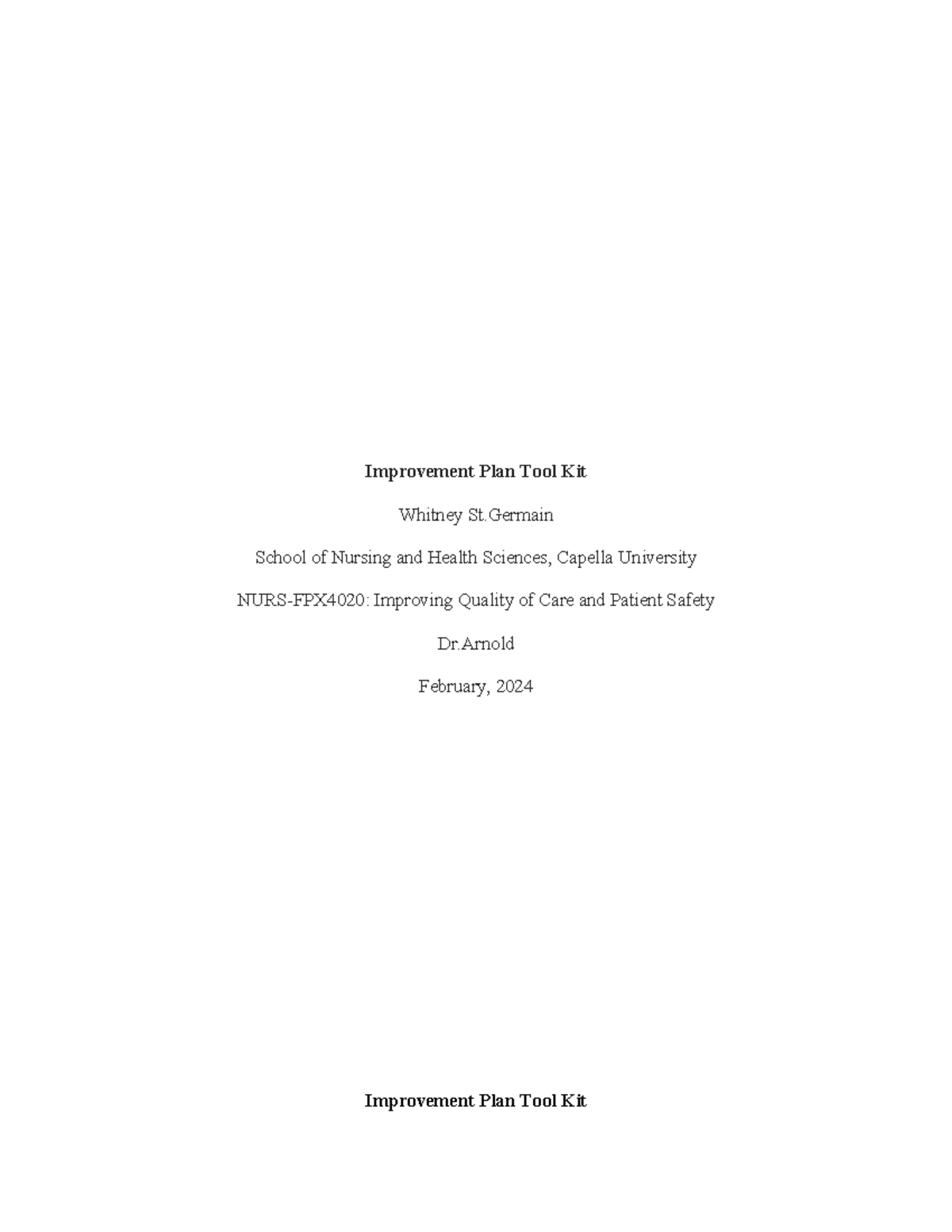 4020 assignment 4 - Improvement Plan Tool Kit Whitney St School of ...