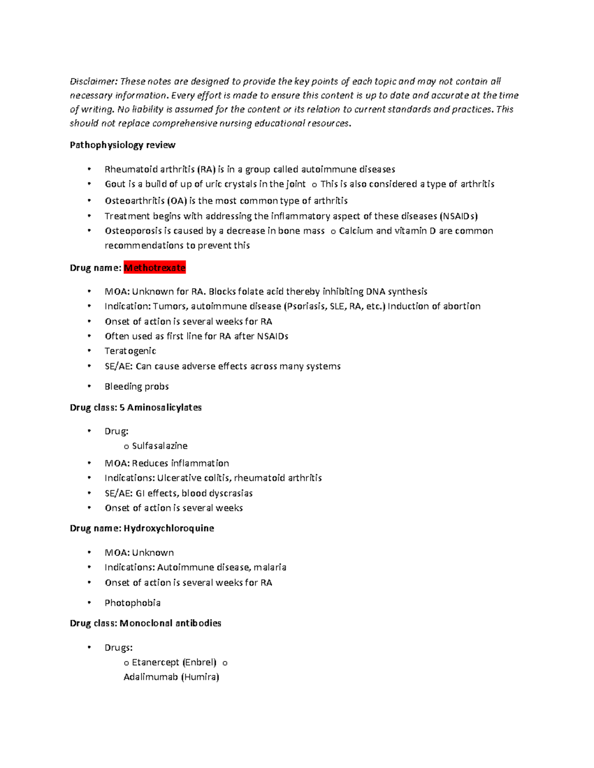 Pharmacology Musculoskeletal - Disclaimer: These notes are designed to ...