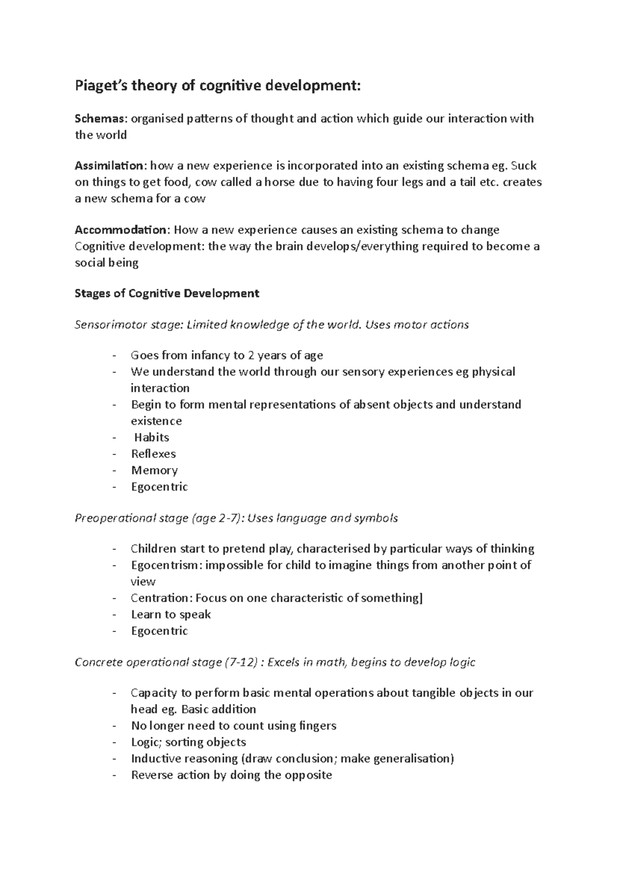 Cognitive + psychosocial theories - Piaget’s theory of cognitive ...