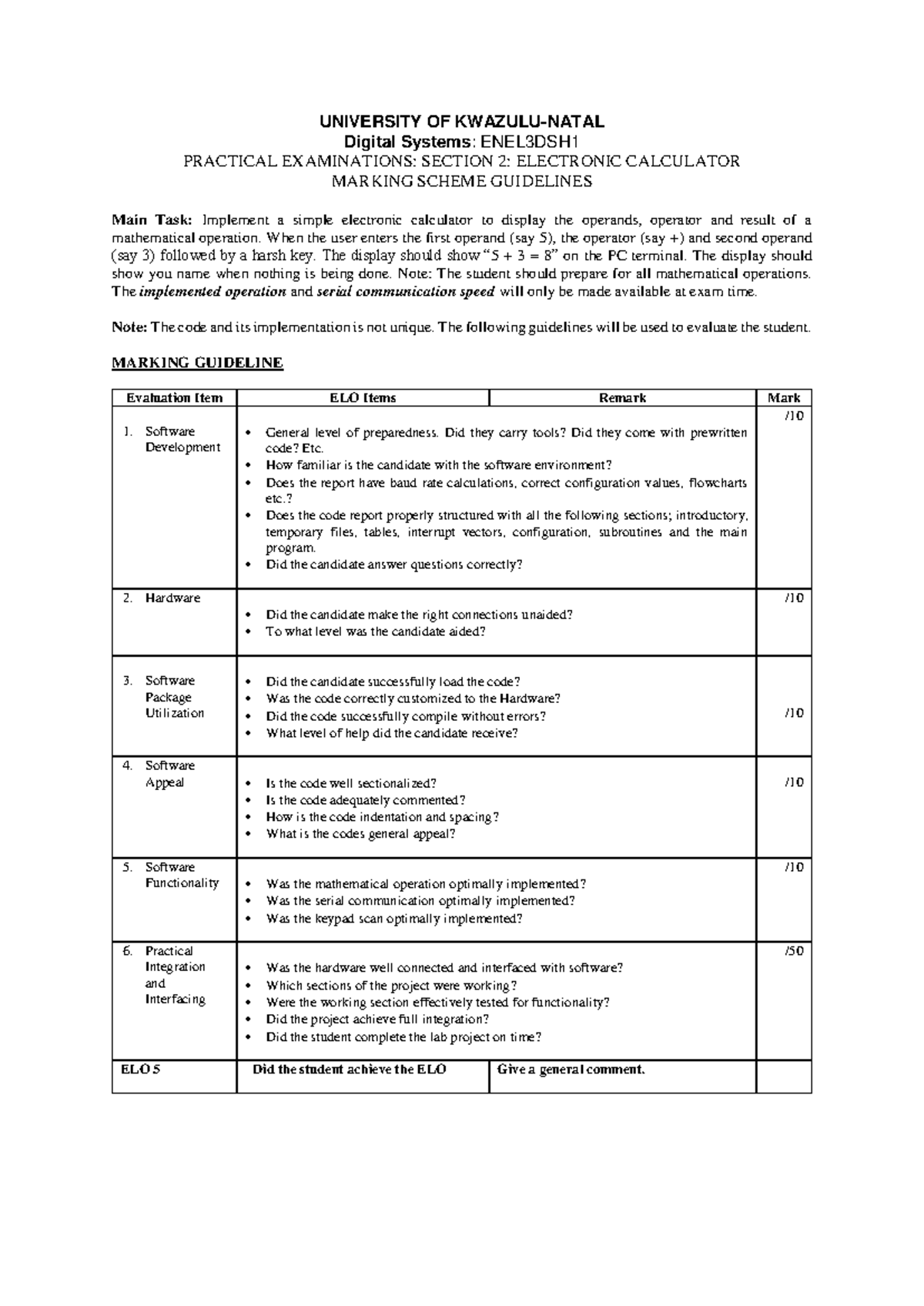 LAB EXAM 2 - UNIVERSITY OF KWAZULU-NATAL Digital Systems: ENEL3DSH ...