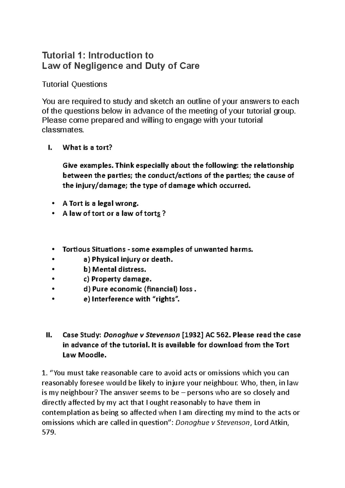 Tutorial 1 - Tutorial 1: Introduction to Law of Negligence and Duty of ...