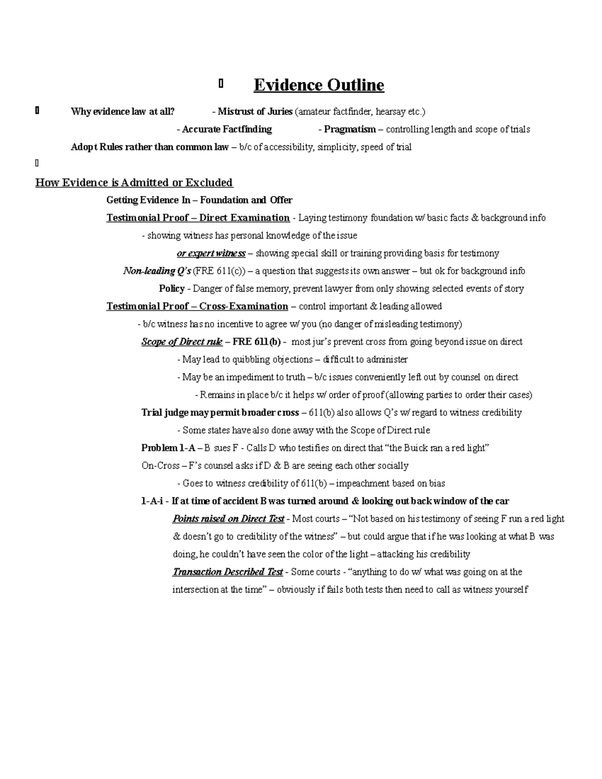 Evidence - Shepherd - Spring - Evidence Outline Why evidence law at all ...