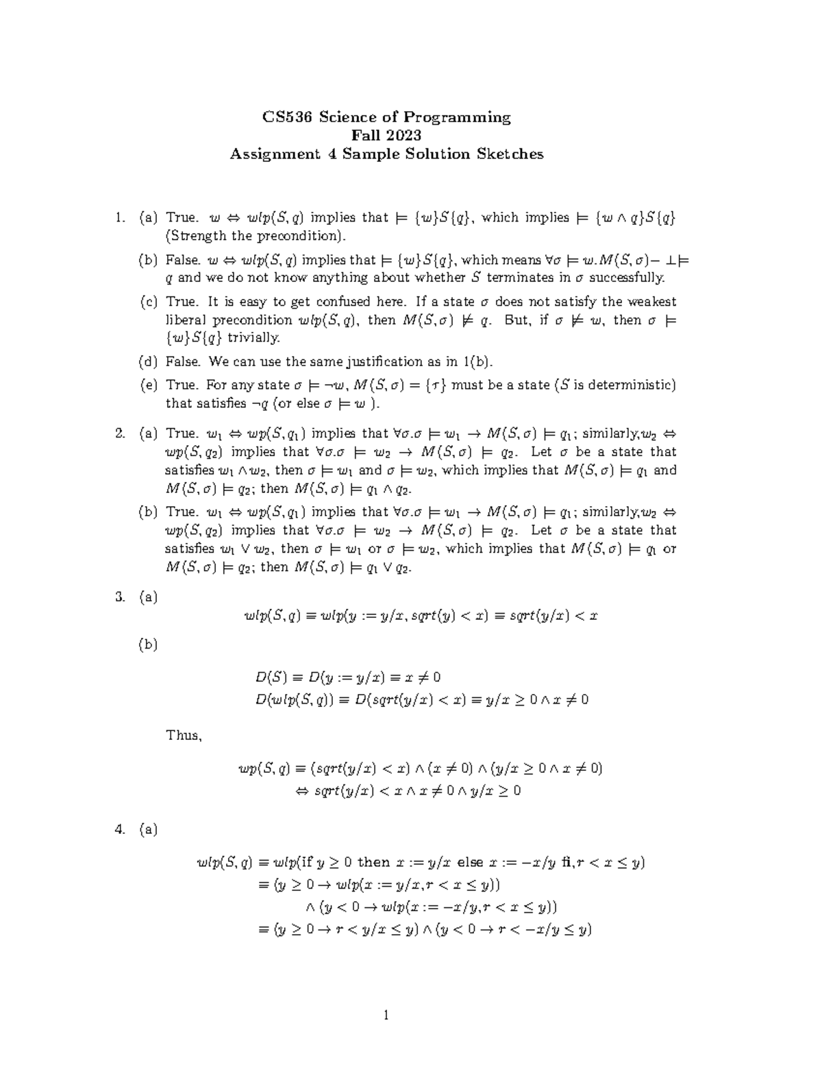 CS536 F23 HW4 - sample solutions - CS536 Science of Programming Fall 2023 Assignment 4 Sample ...