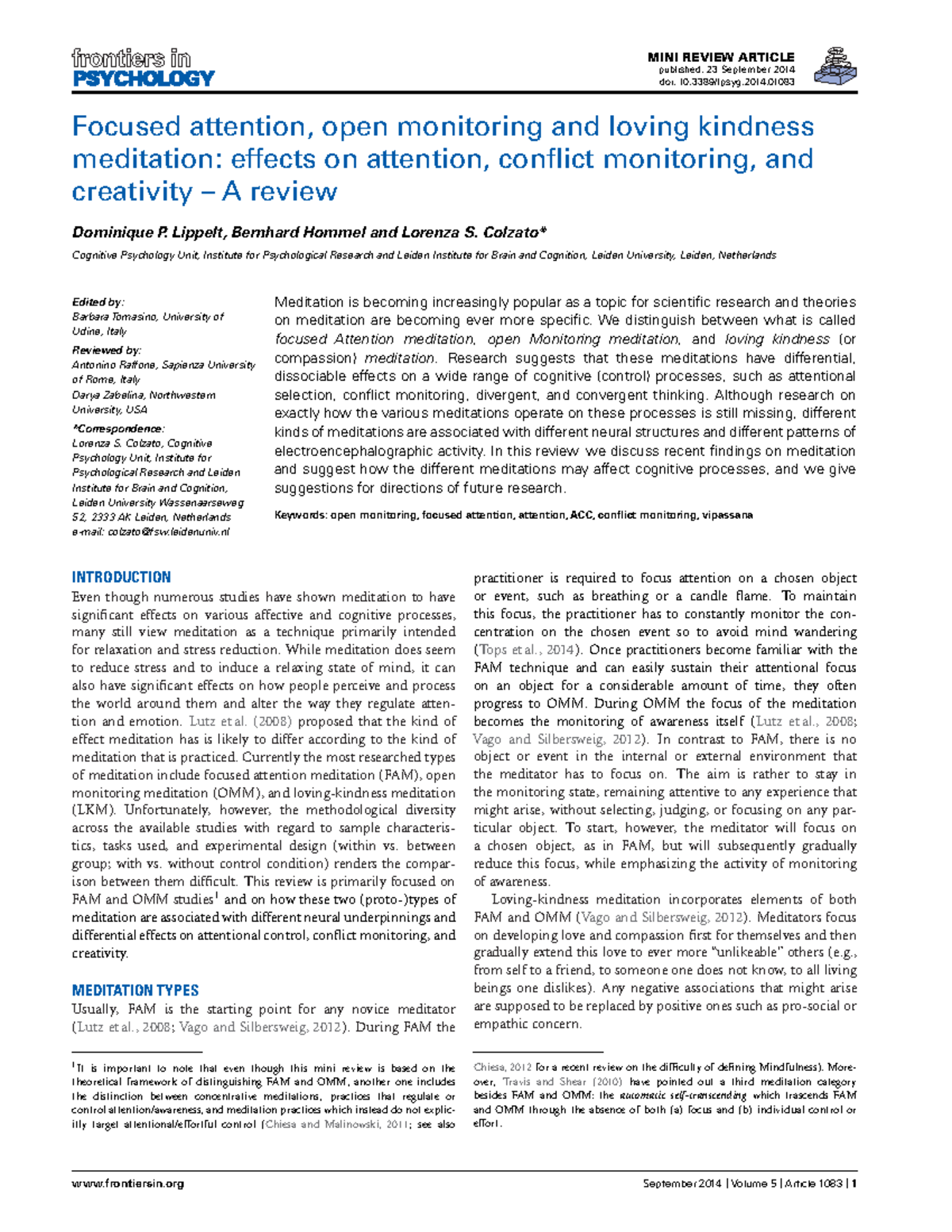 Focused attention open monitoring and loving kindn - MINI REVIEW ...