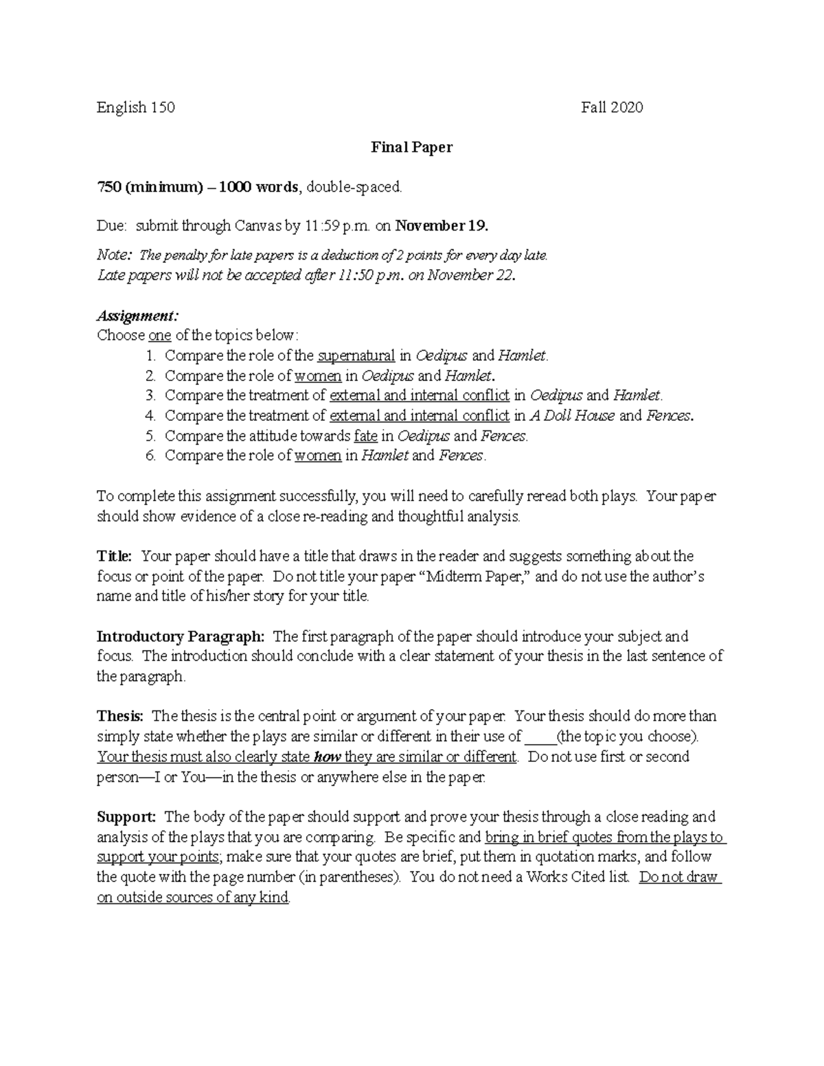Drama Paper-F20 - English 150 Fall 2020 Final Paper 750 (minimum ...