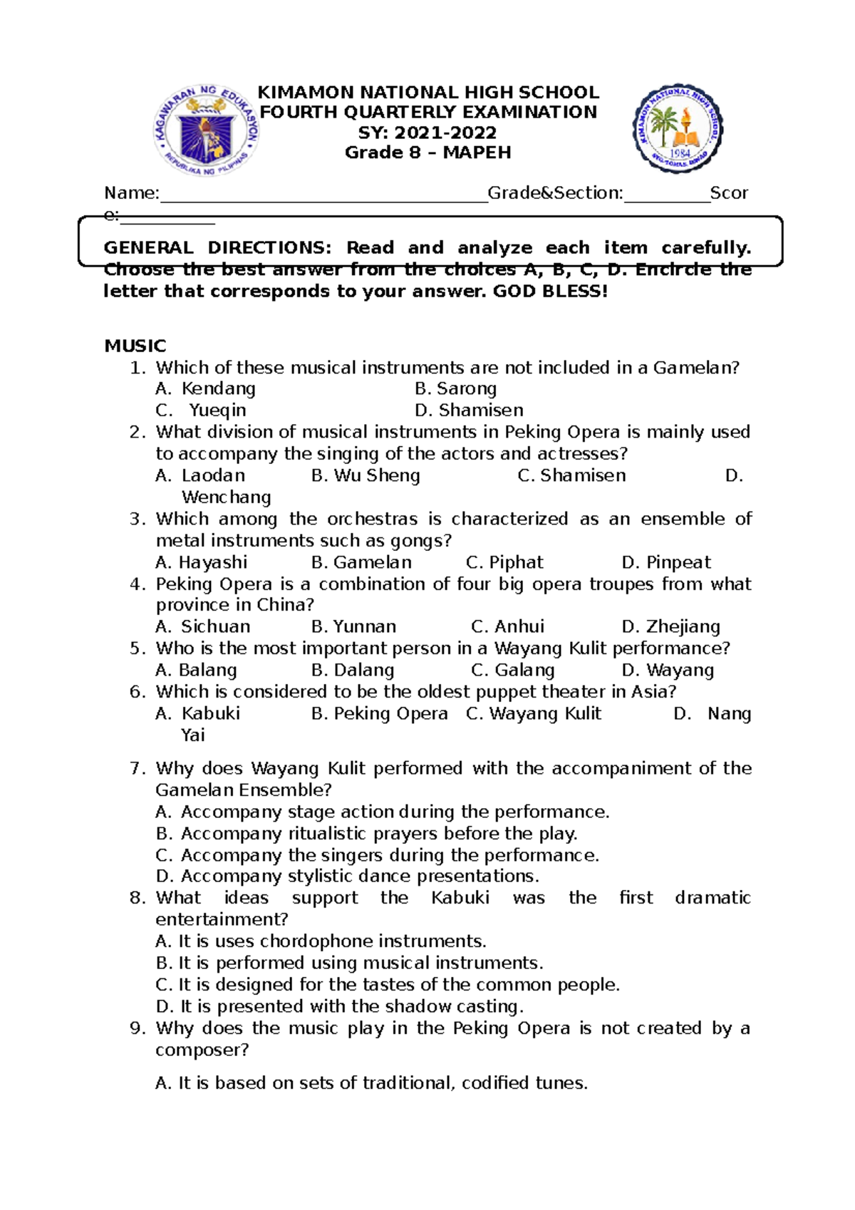 Q4 Exam - Examination Quarter 4 - KIMAMON NATIONAL HIGH SCHOOL FOURTH ...